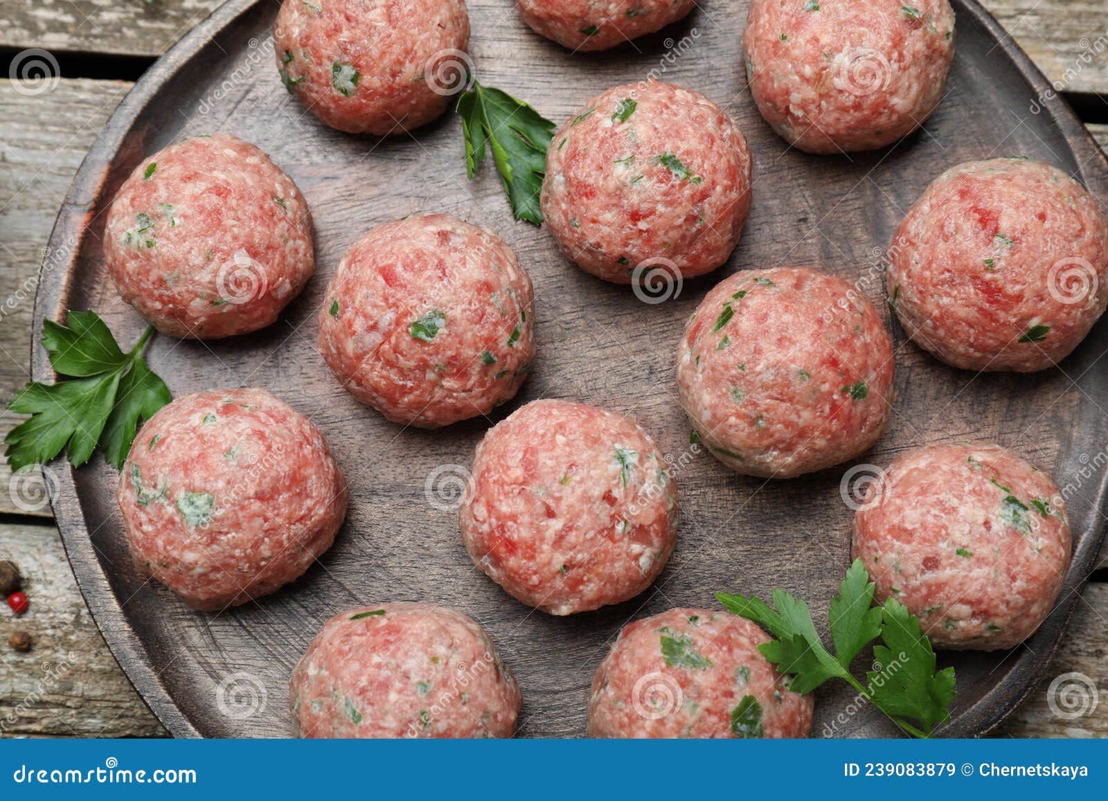 Many Fresh Raw Meatballs on Wooden Table, Flat Lay Stock Image - Image ...