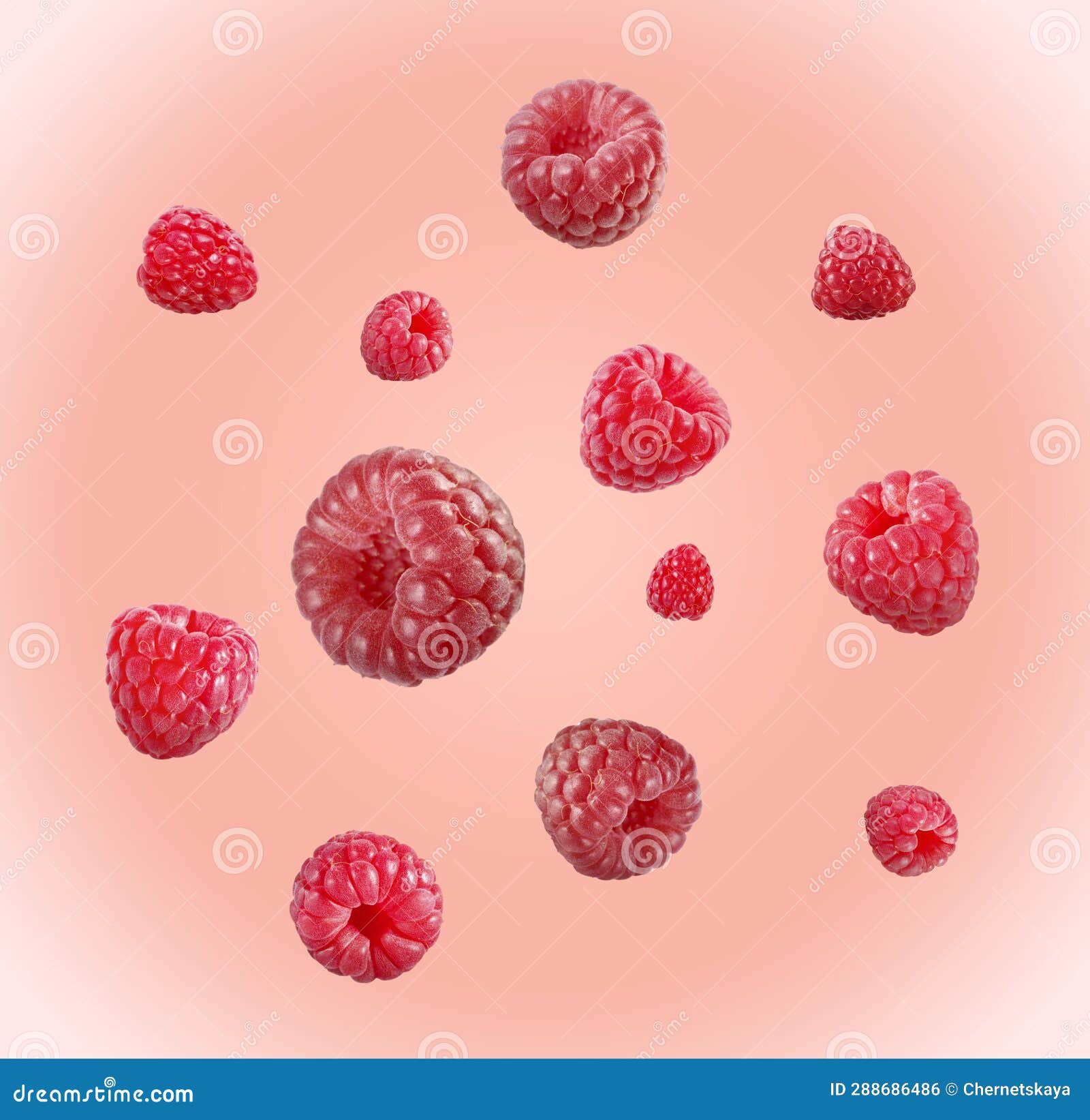Many Fresh Ripe Raspberries Falling on Pink Background Stock Photo ...