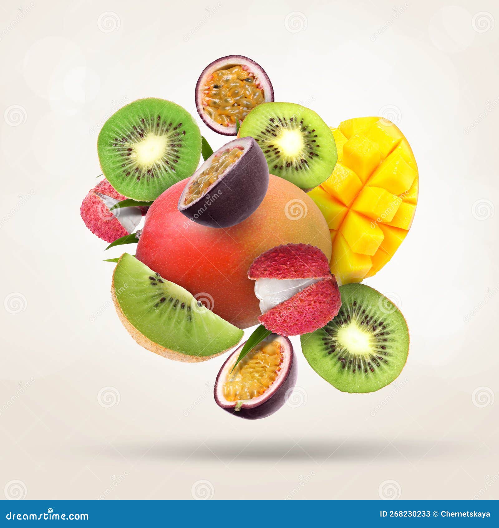 Many Fresh Tropical Fruits Falling on Light Background Stock Image ...