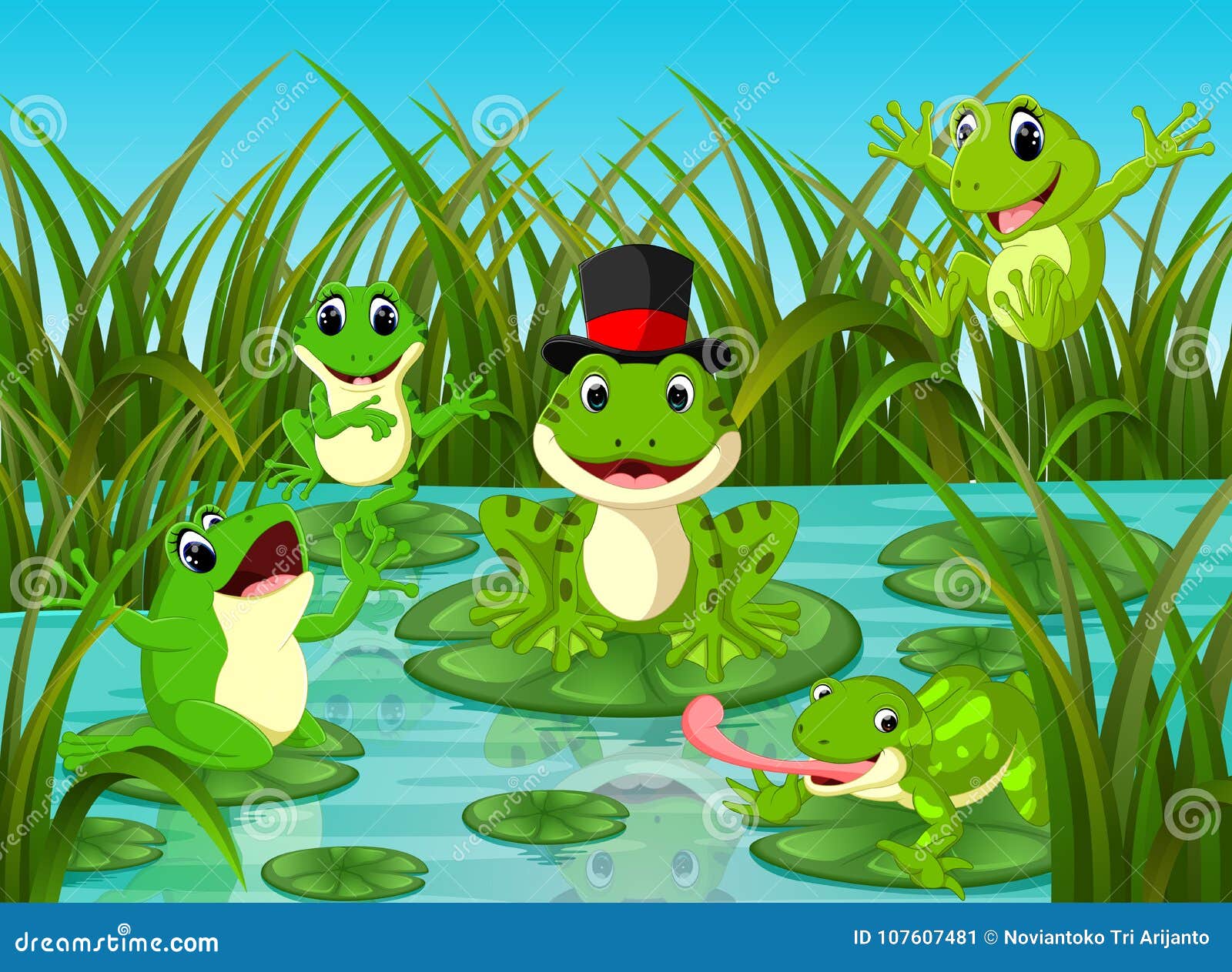 Many Frogs on Leaf with River Scene Stock Vector - Illustration of ...