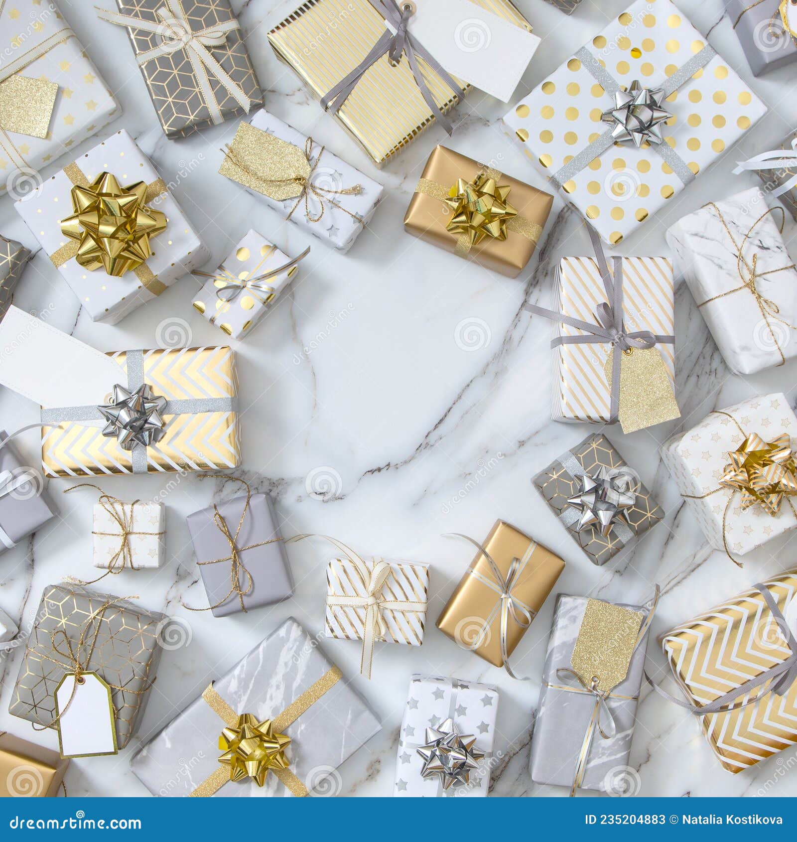 Many Gift Boxes with Labels Numbers Wrapped in Glossy Classical Pack ...