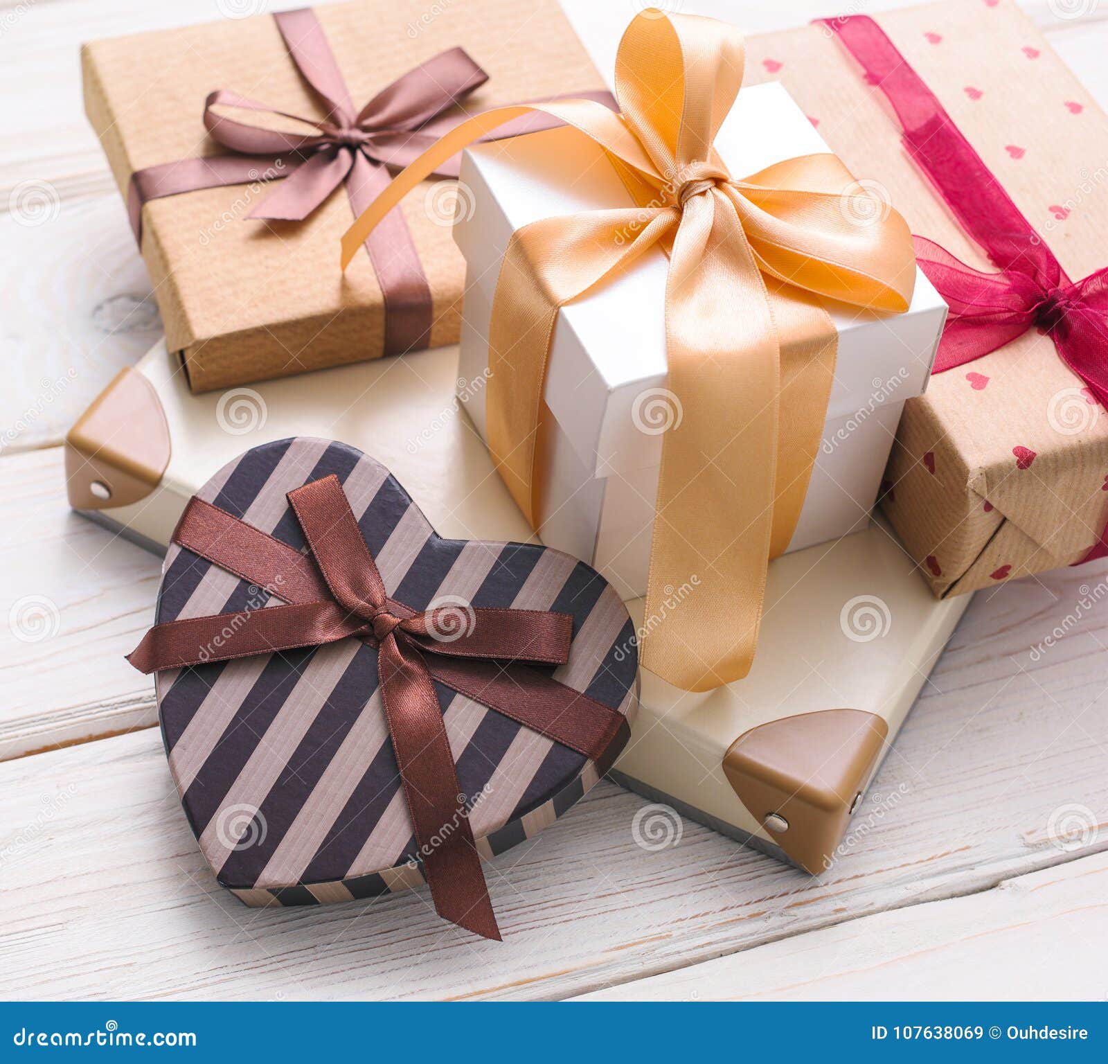 Gift Boxes on White Wooden Table Stock Image - Image of heart, surprise ...