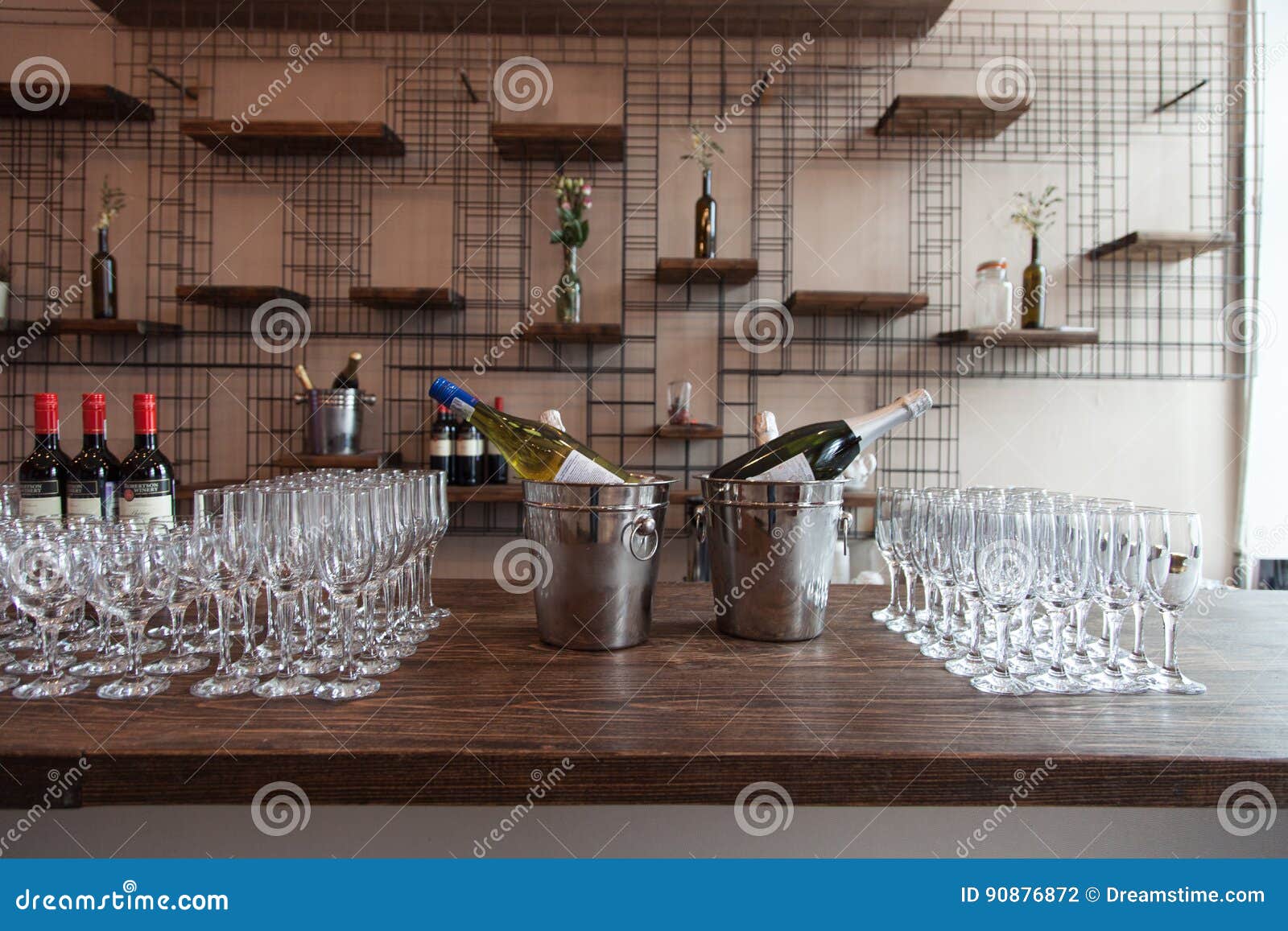 Many Glasses with White Wine on Buffet Table. Soft Focus, Selective ...