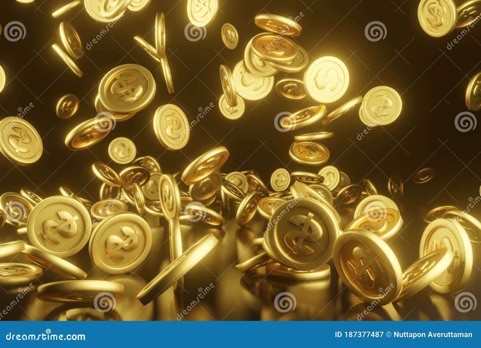 Many Gold Coin Drop on Black Background 3D Rendering Stock Illustration ...