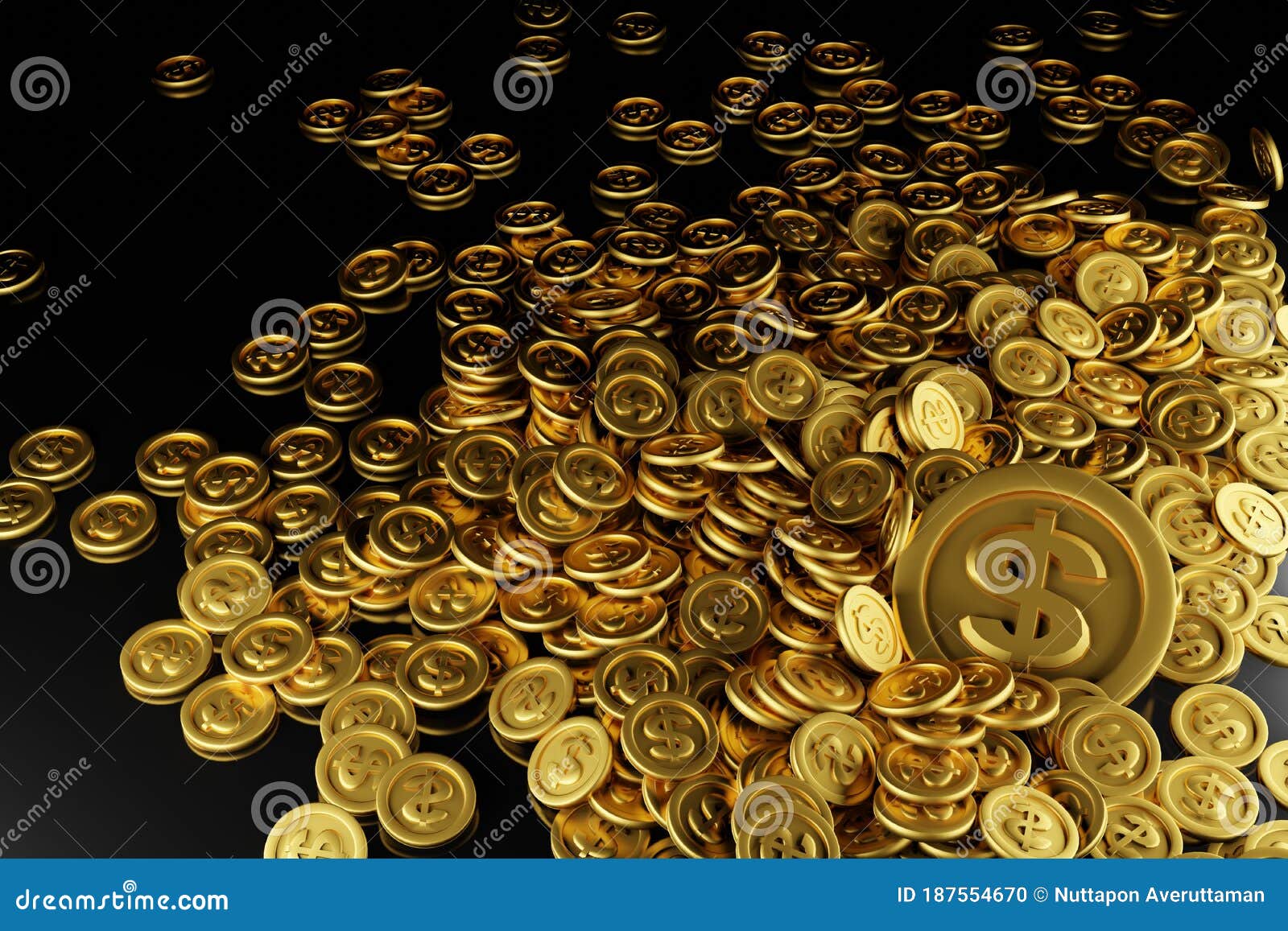 Many Gold Coin With Big Gold Coin On Black Background Copy Space .3D ...