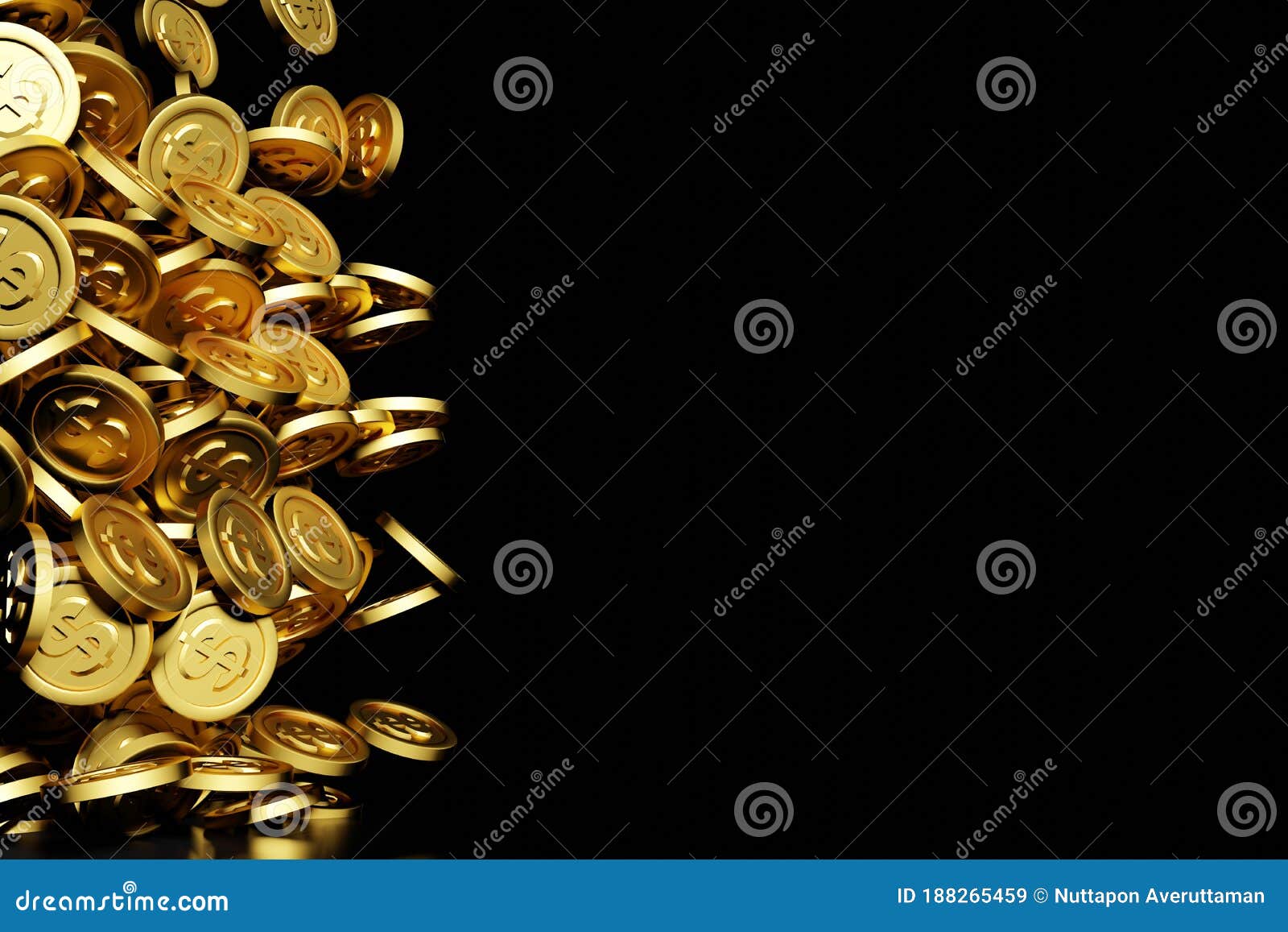 Gold Coins Fall Down from the Left Side. Treasure Concept 3d Render ...