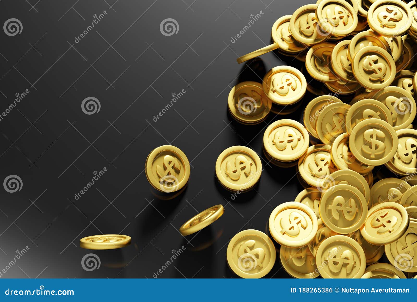Gold Coins Spread from the Right Side. Treasure Concept 3d Render Stock ...