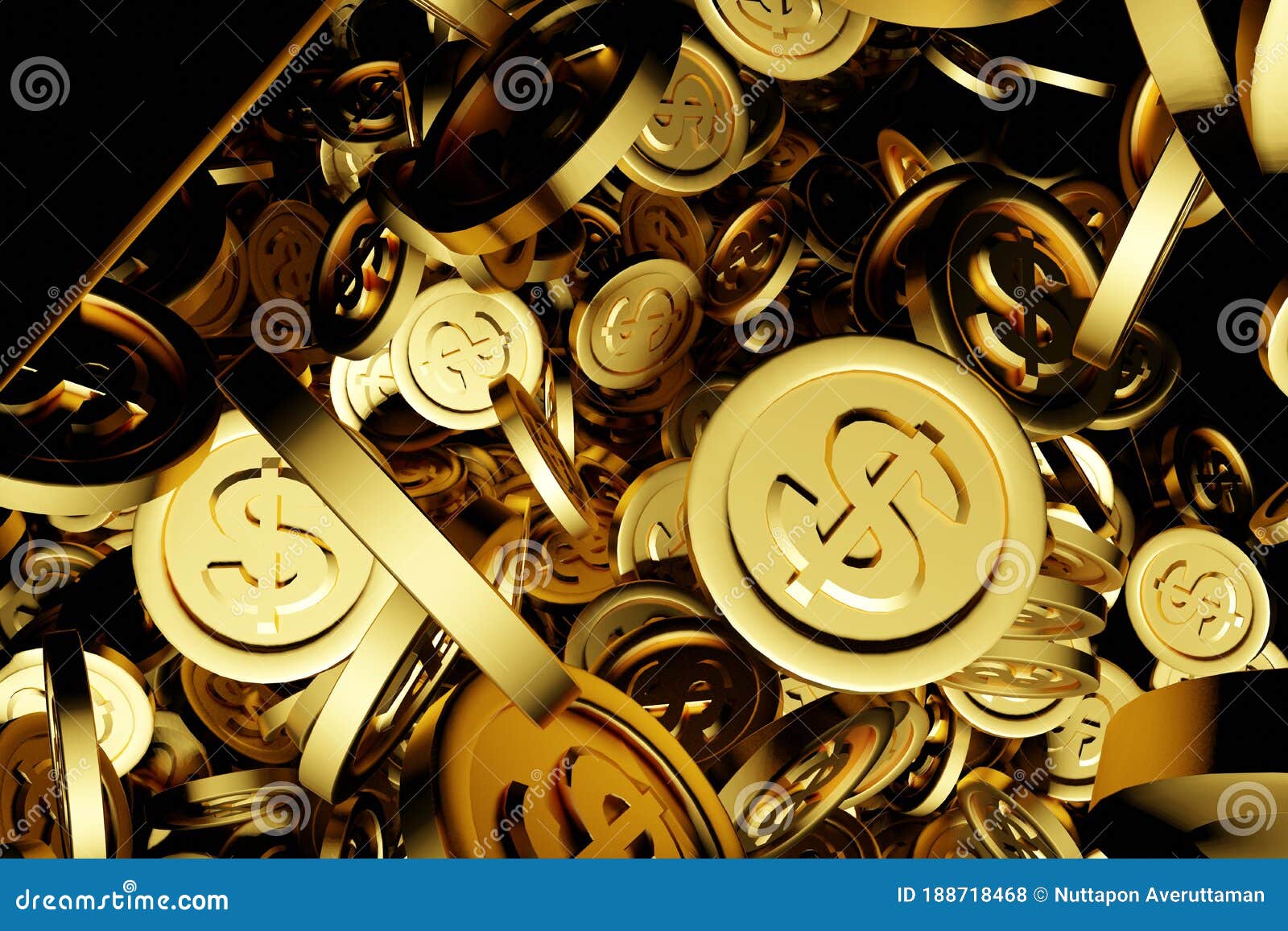 Many Gold Coin Spread. Treasure Concept 3d Render Stock Illustration ...