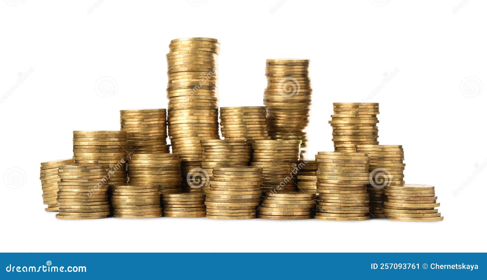 Many Golden Coins Stacked on White Background Stock Image - Image of ...