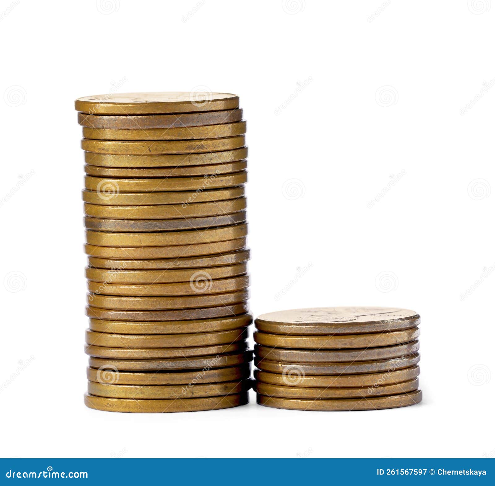 Many Golden Coins Stacked on White Background Stock Image - Image of ...