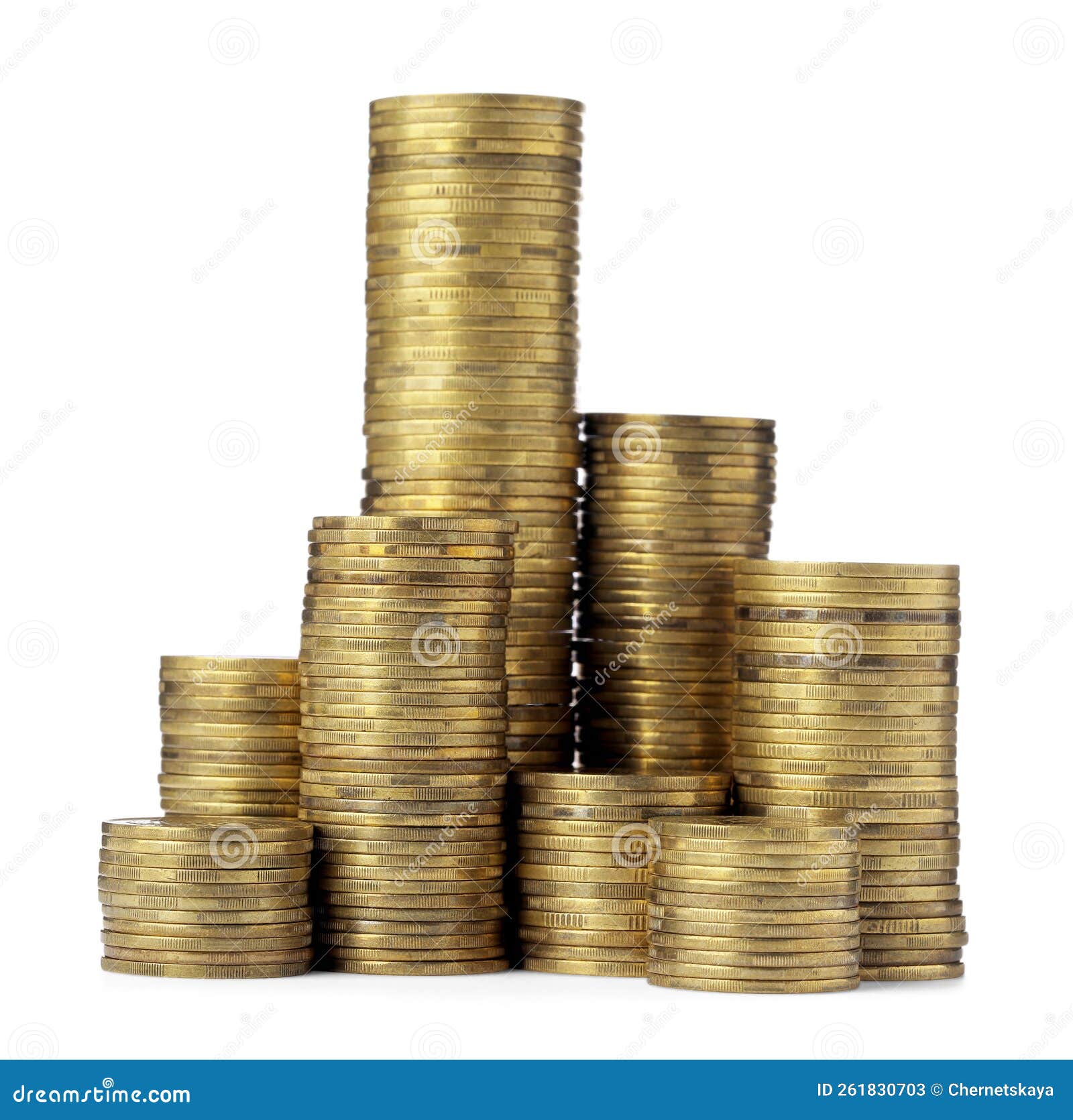 Many Golden Coins Stacked on White Background Stock Image - Image of ...