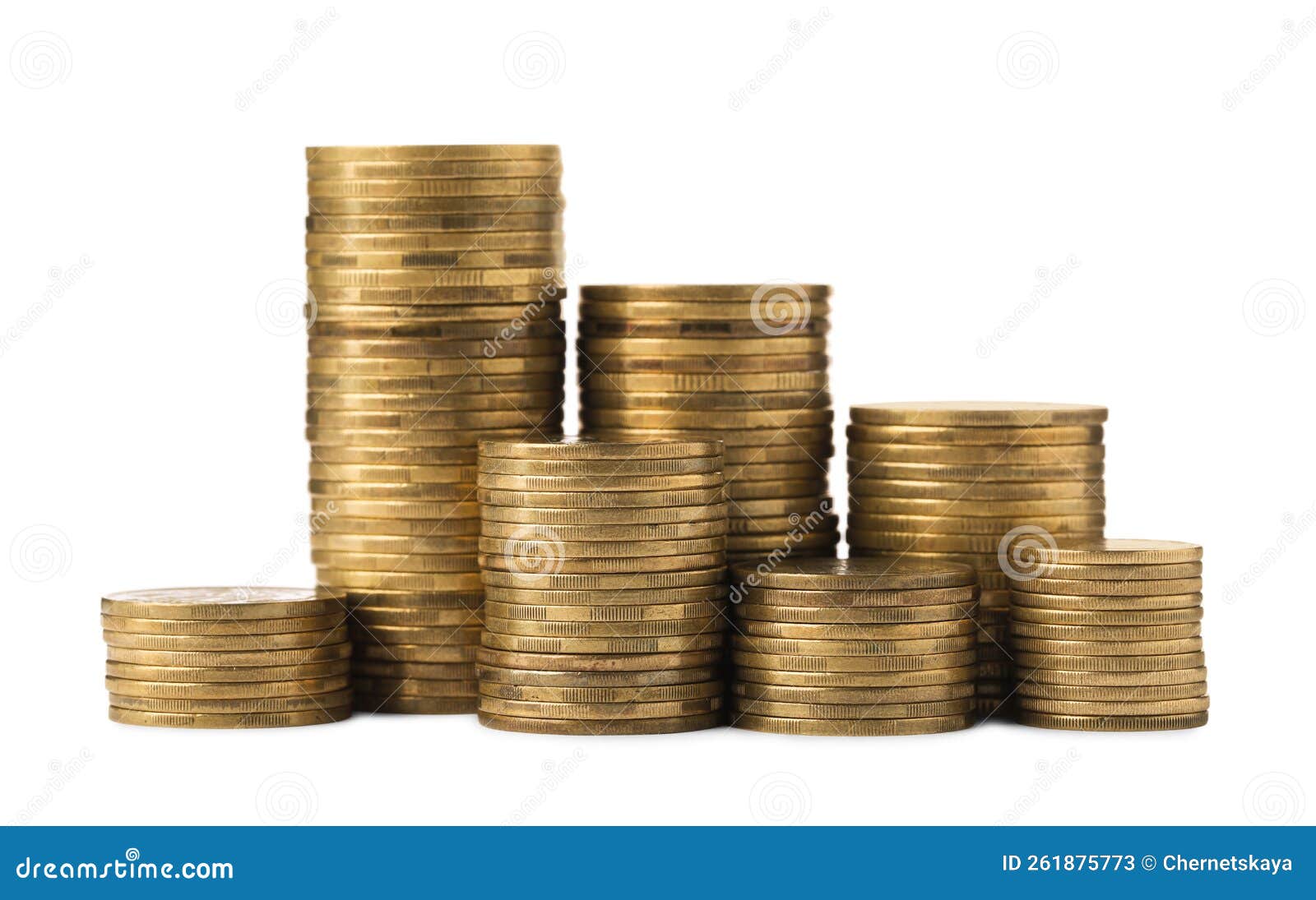 Many Golden Coins Stacked on White Background Stock Image - Image of ...