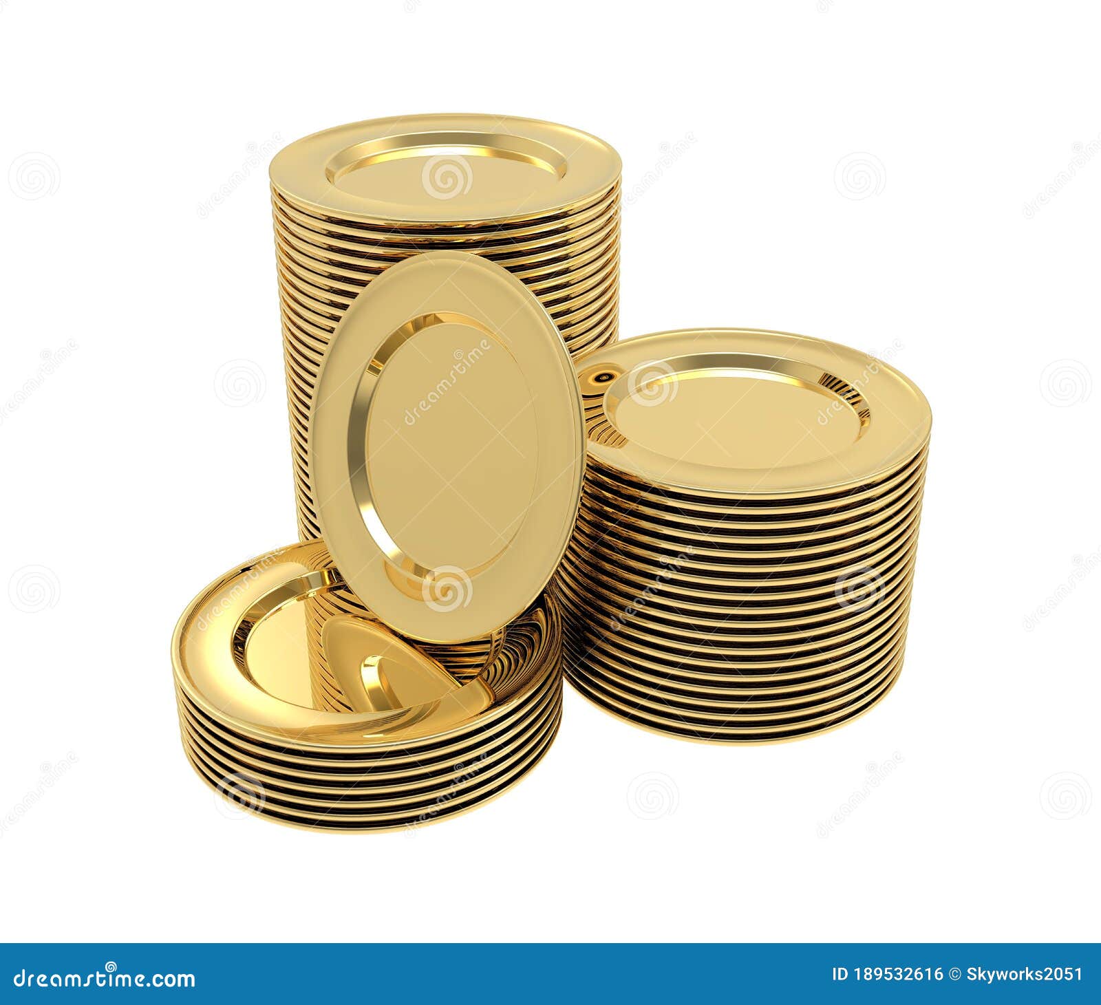 Many Golden Plates. Luxury Tableware. 3D Illustration. Stock ...