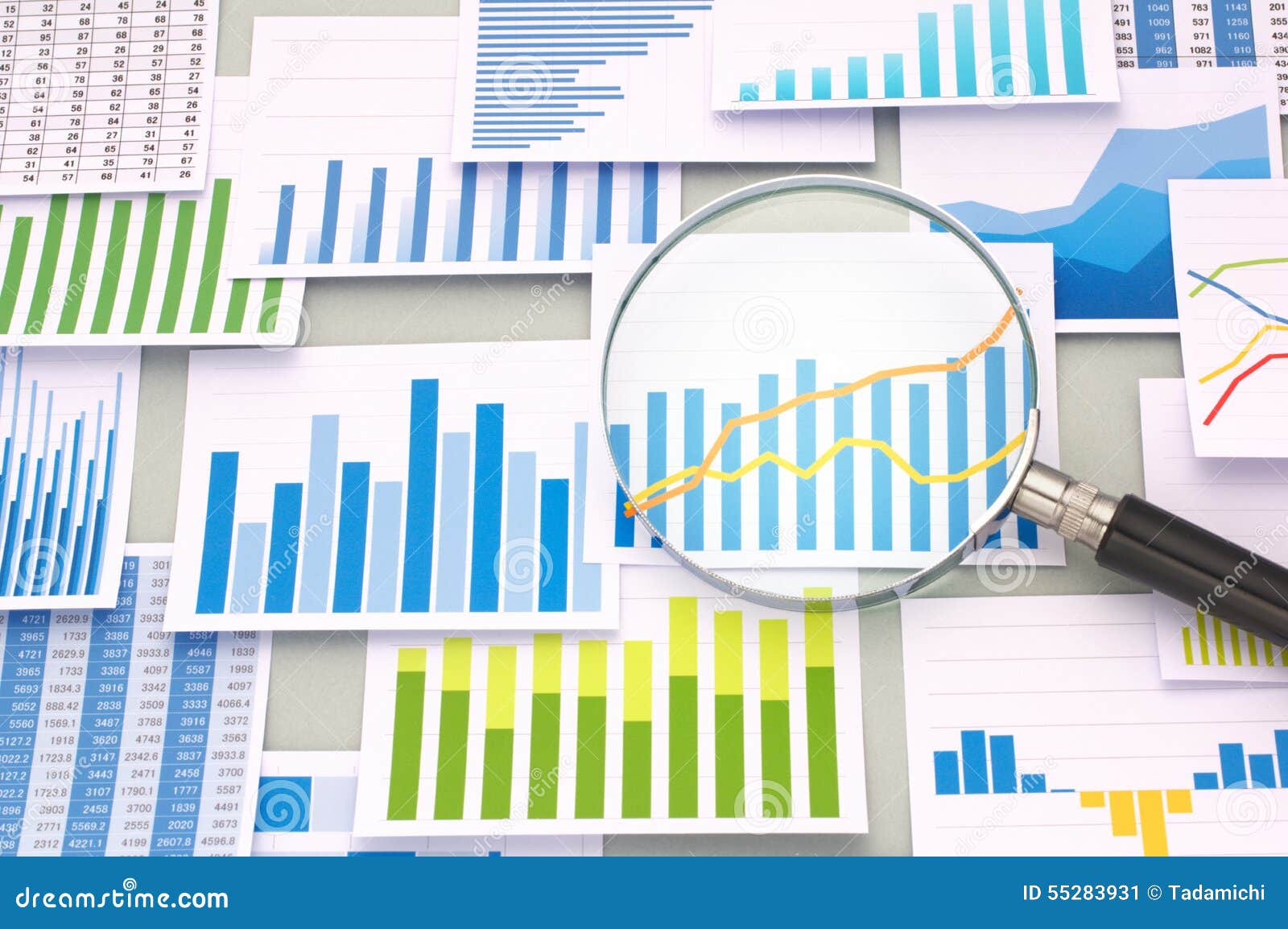 Many Graphs and Magnifying Glass. Stock Image - Image of analysis ...