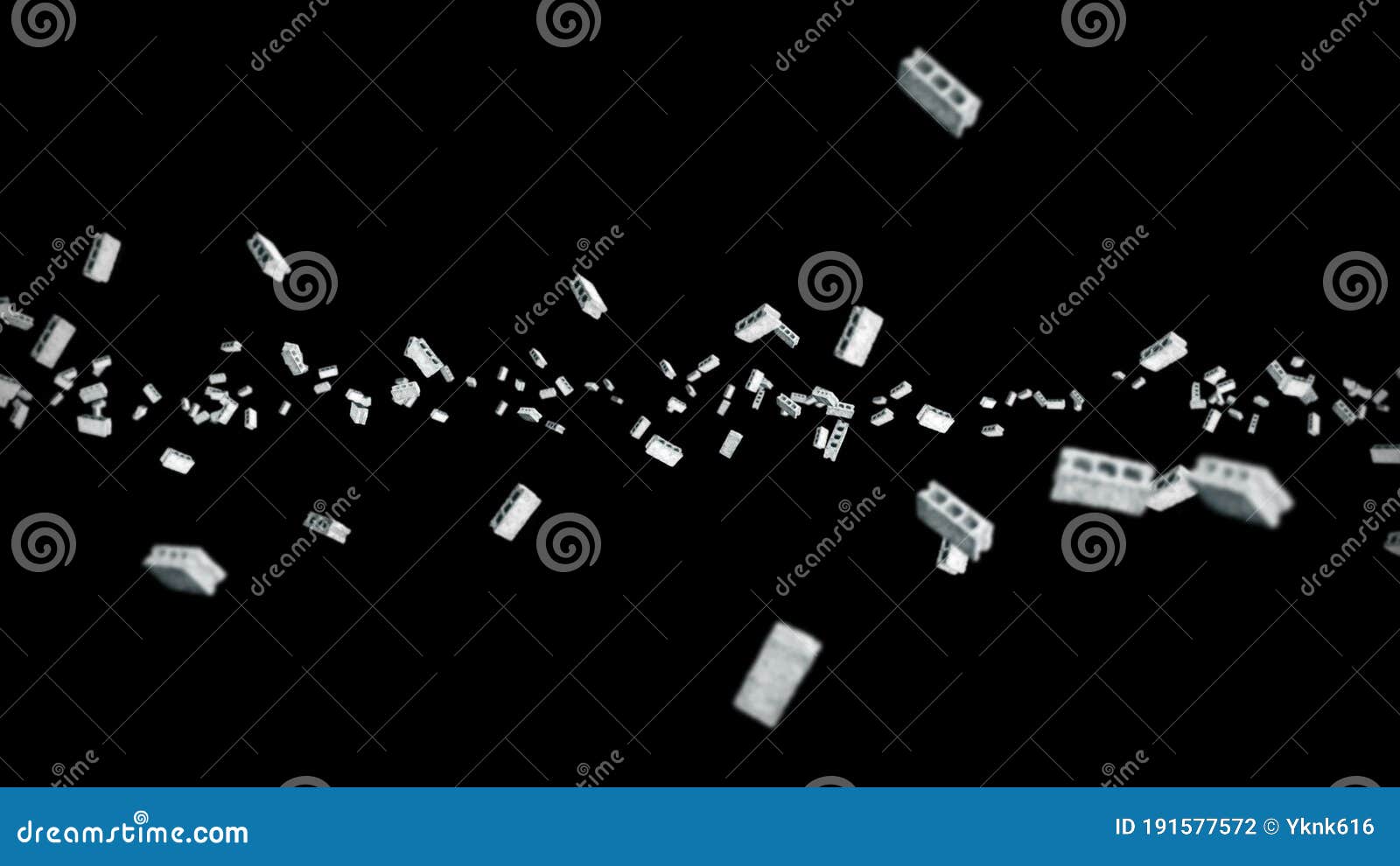 Flying Many Concrete Bricks on Black Background. Miniature Model ...