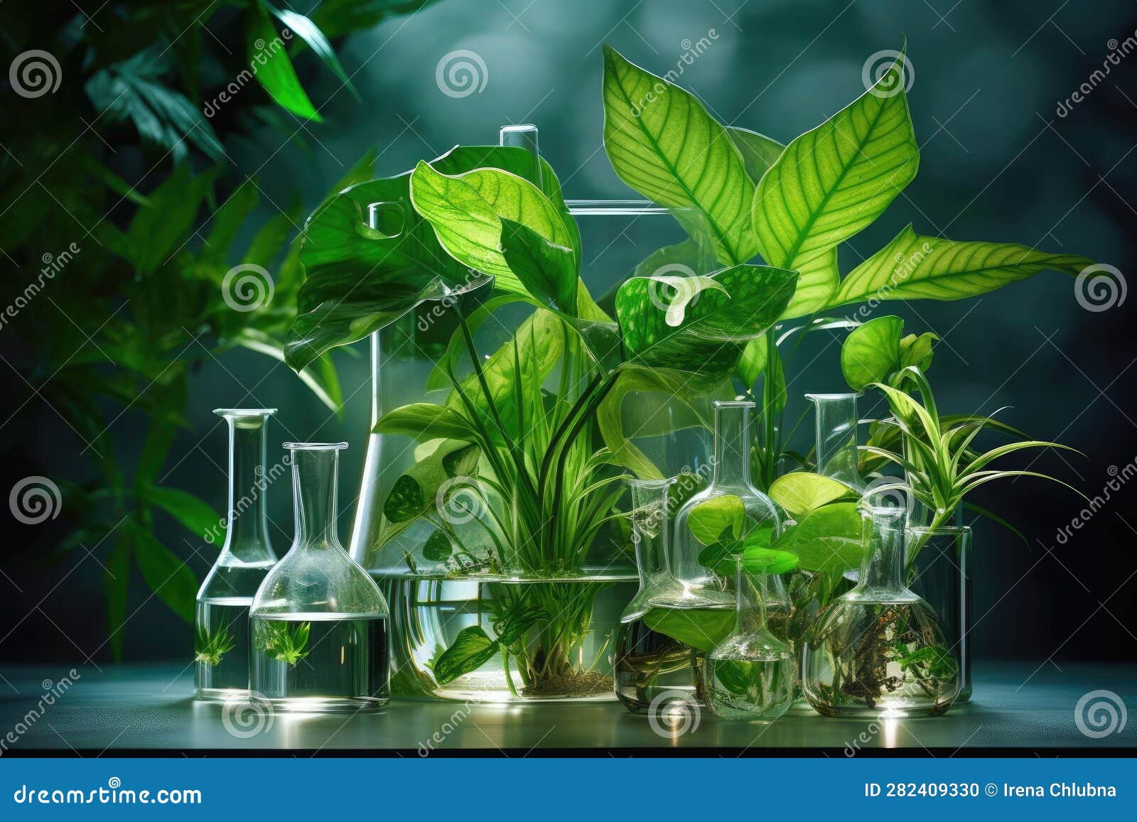 Many Green Plants in Test Tubes. Generative AI Stock Illustration ...