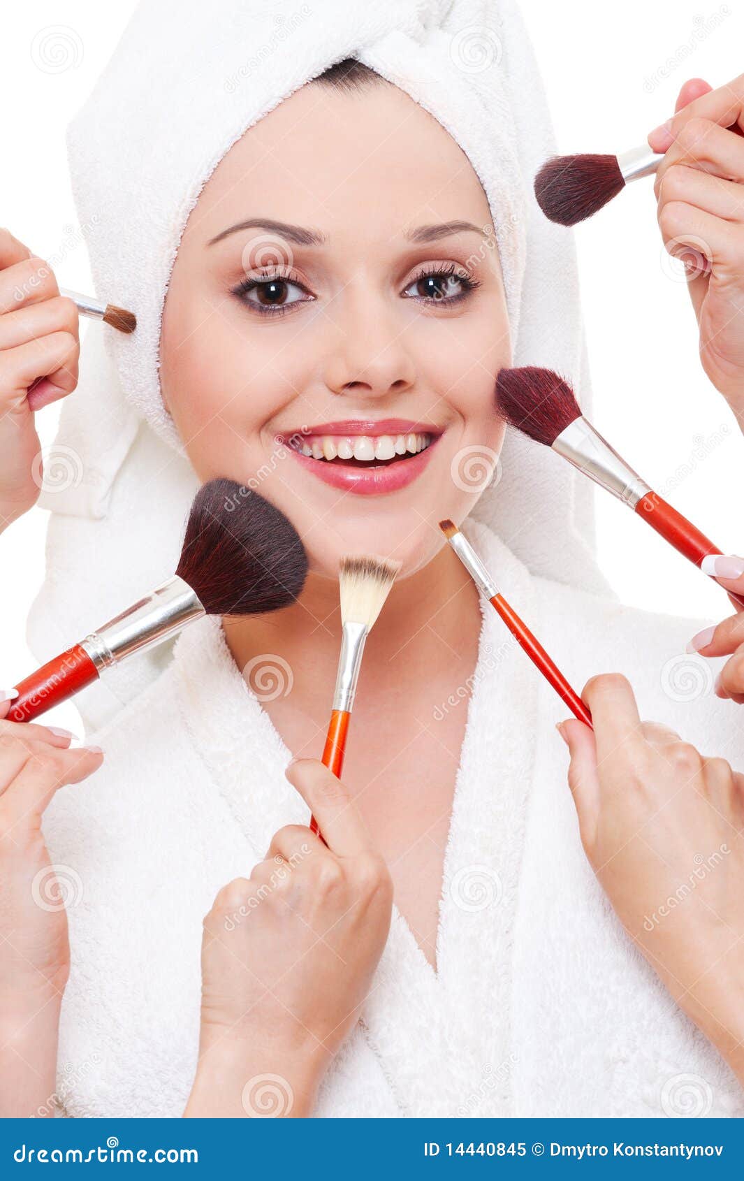 Many Hands Applying Make-up To Beautiful Woman Stock Image - Image of ...