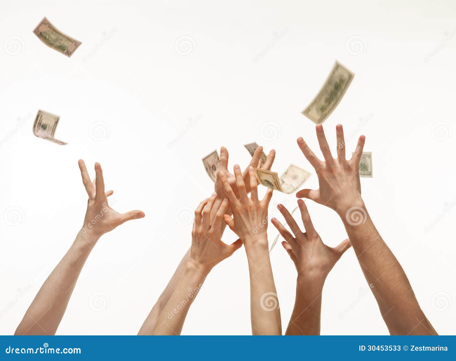 Many Hands Competing for Catching Money Falling from Above, Whit Stock ...