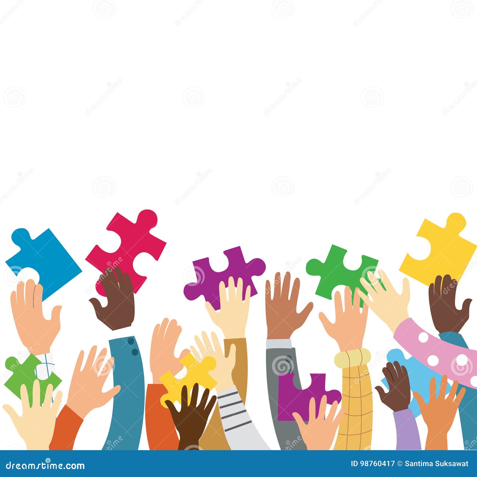 Many Hands Holding Colorful Puzzle Pieces Stock Vector - Illustration ...