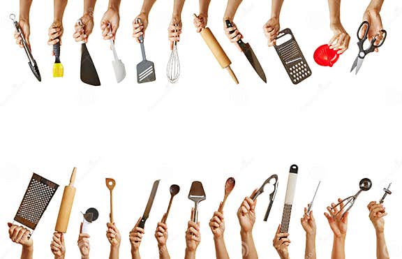 Many Hands Holding Different Kitchen Tools Stock Photo - Image of ...