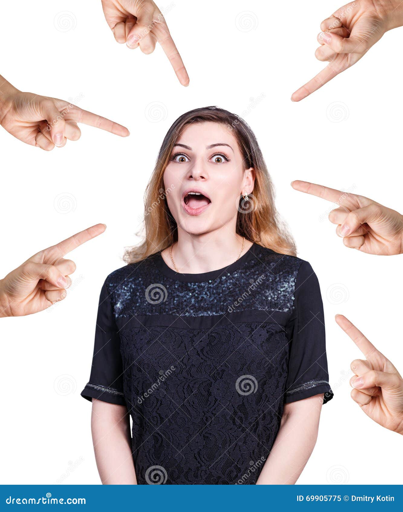 Many Hands Point on Young Surprised Woman Stock Image - Image of ...