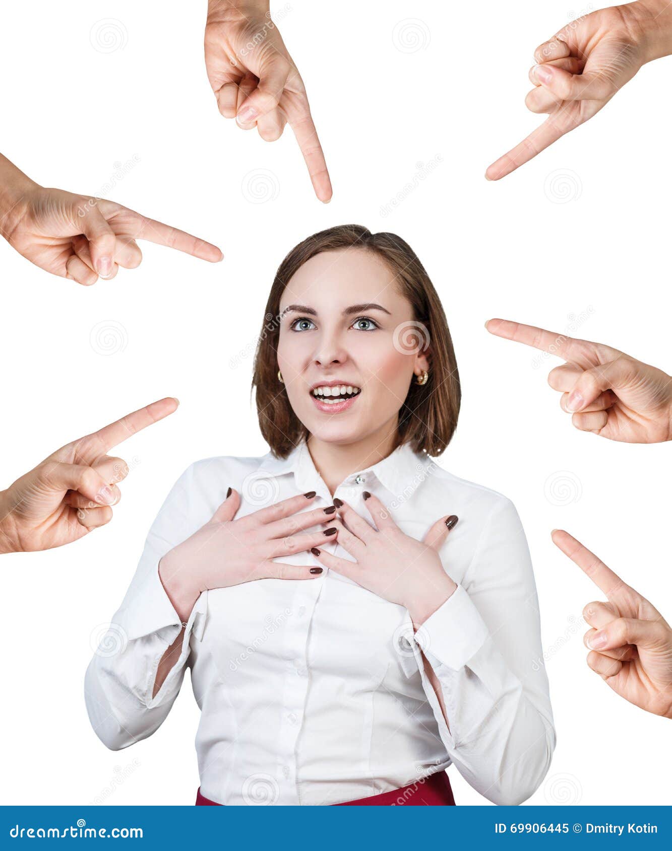 Many Hands Point on Young Surprised Woman Stock Image - Image of girl ...