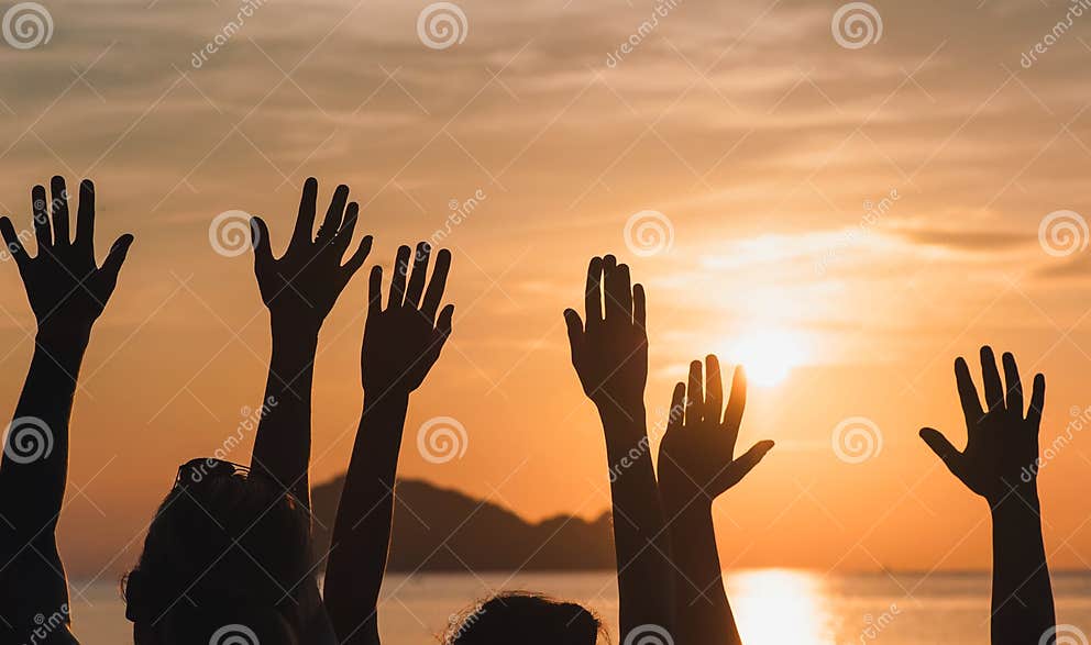 Many Hands Raised Against Sunset Sky Stock Image - Image of worship ...