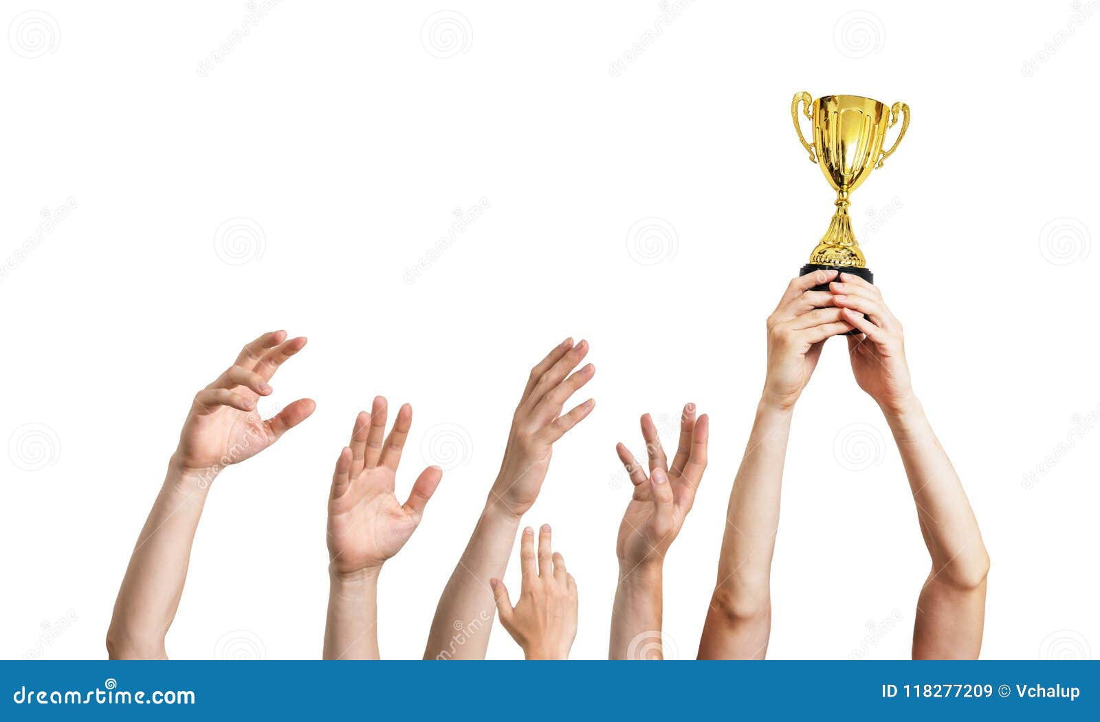 Many Hands Raised Up. Winner is Holding Trophy in Hands Stock Image ...