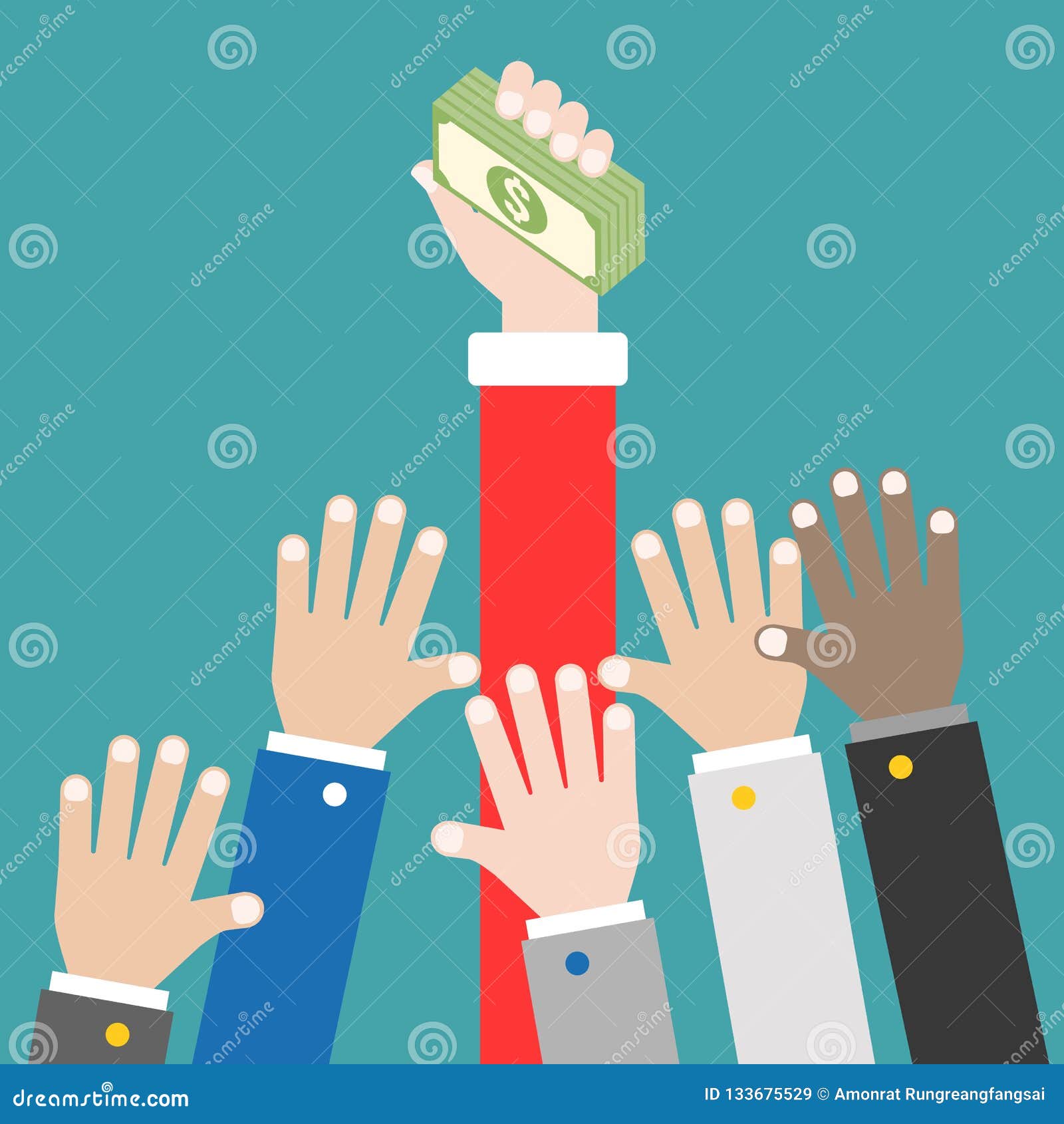 Many Hands Try To Grab Money, Compete Concept Stock Vector ...