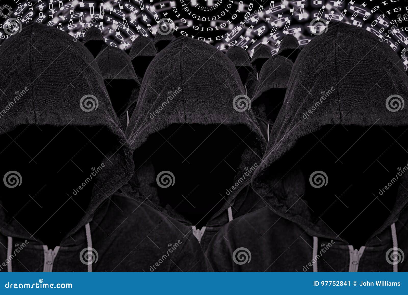 Many Hooded Faceless Computer Hackers with Binary Code Stock Image ...