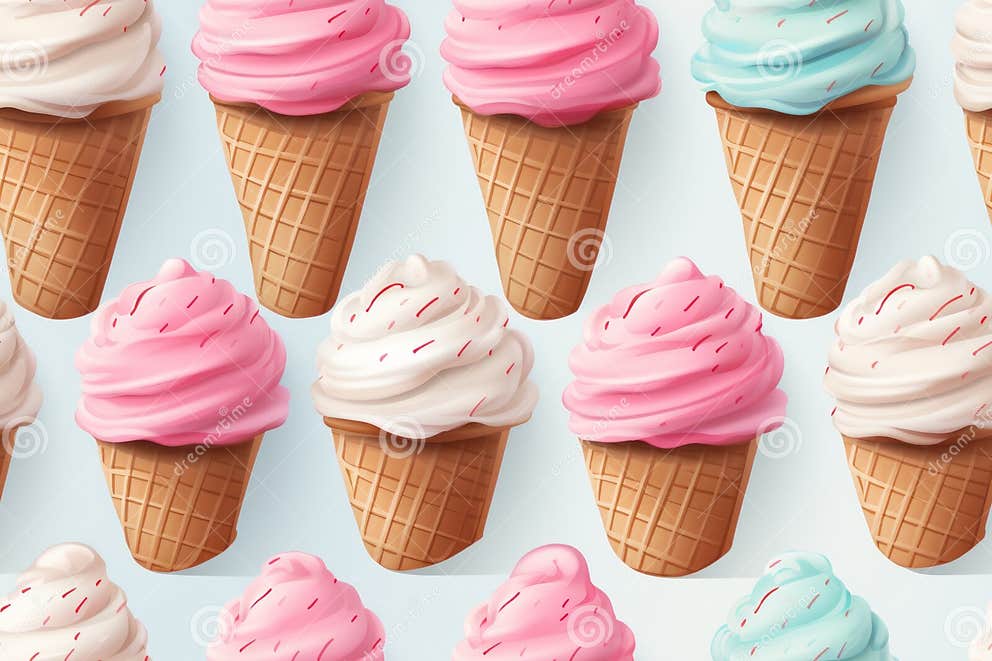 Many Ice Cream Cones are Arranged in a Pattern on a Blue Background ...