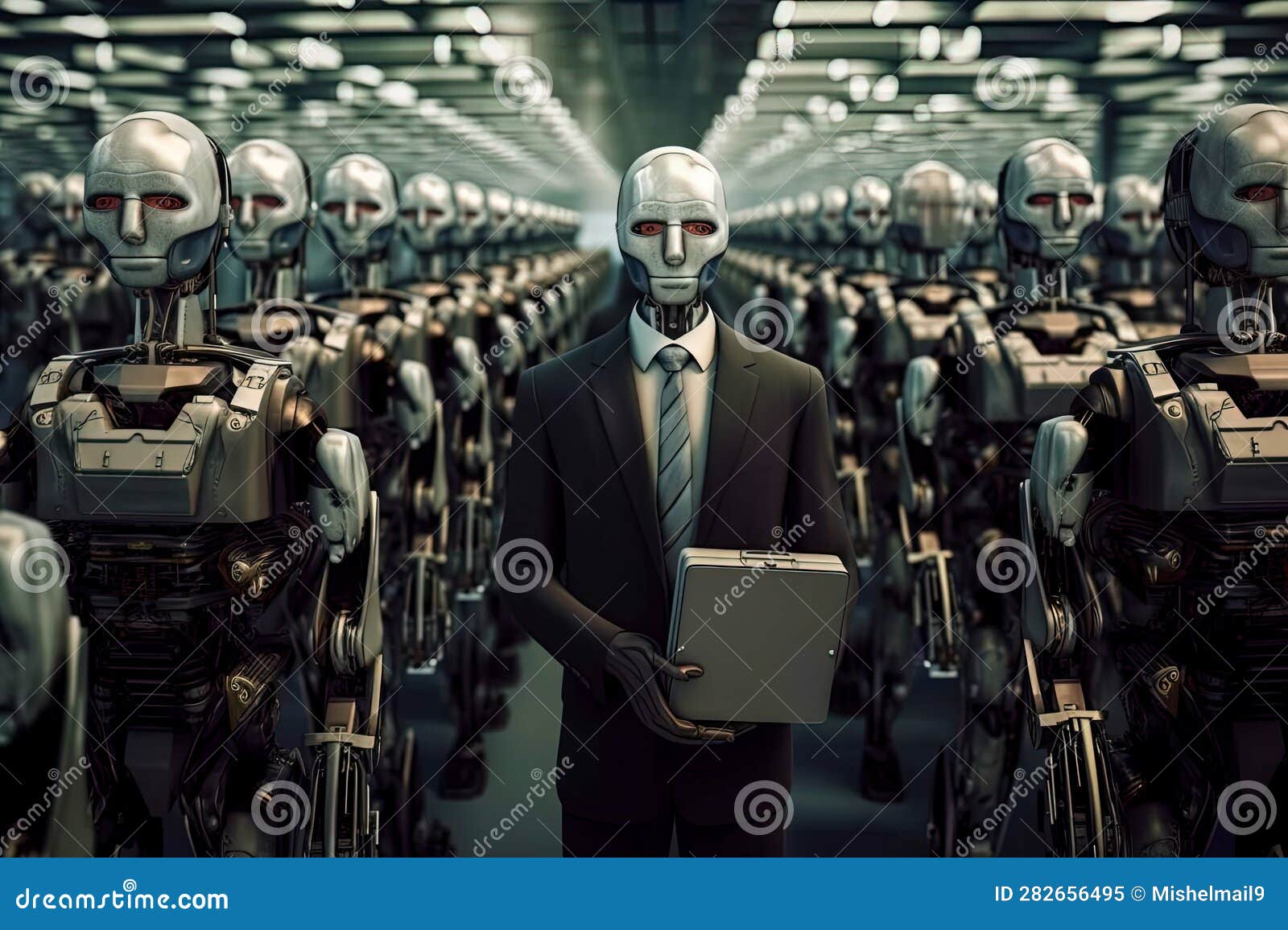 Many Identical AI Robots Standing in Big Office. Robots Replacing Humans in Offices. Generative ...