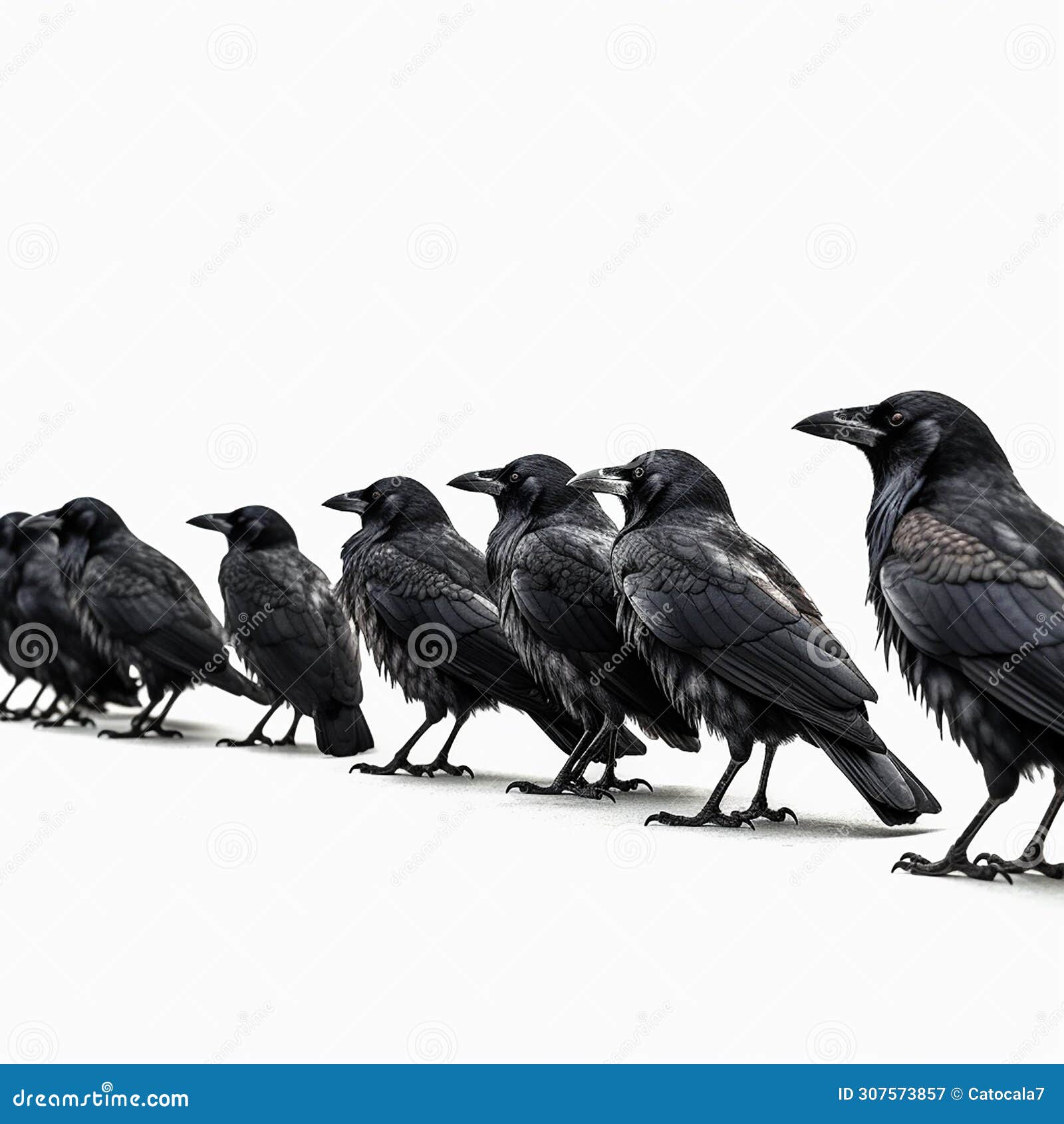 Many Identical Black Crows Next To Each Other in a Row on a White ...