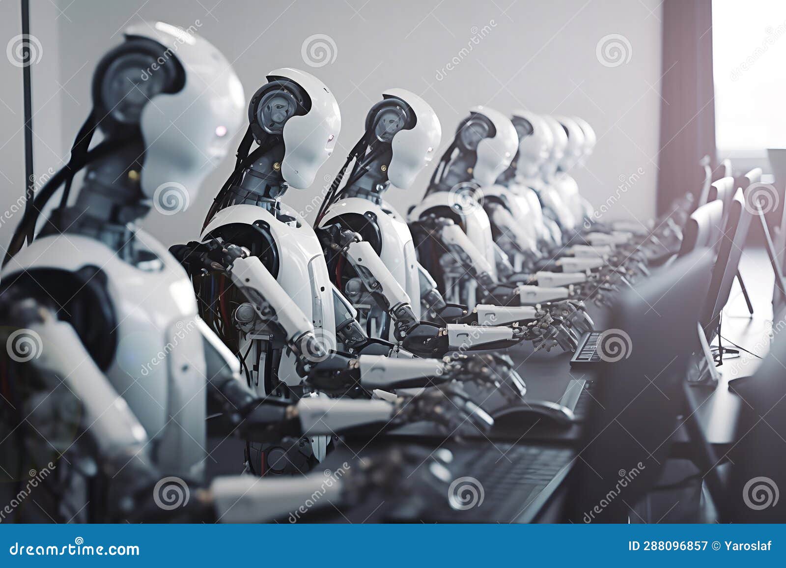 Many Identical Clone Of Mini Smart Robots On Table. Generative AI Stock ...