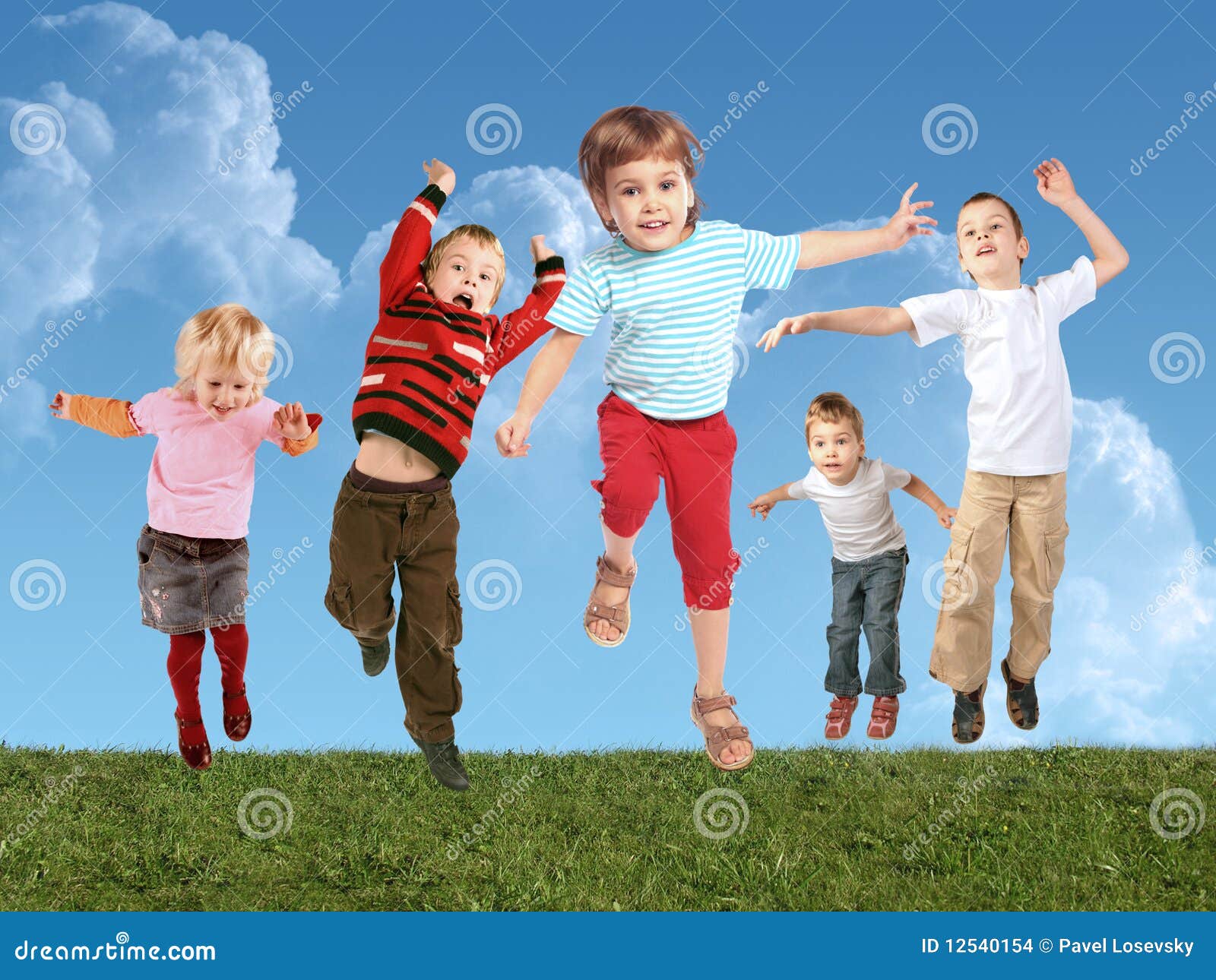 Many Jumping Children on Grass, Collage Stock Photo - Image of people ...