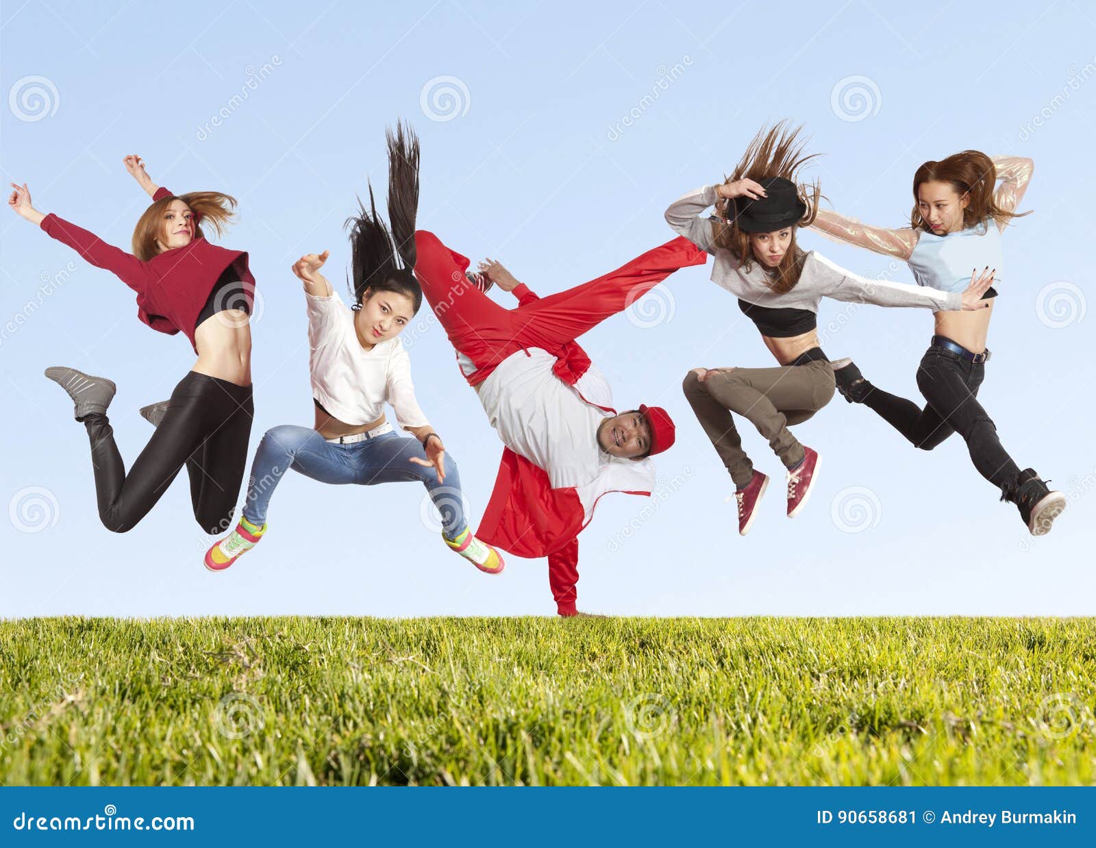 Many Jumping Happiness People on the Grass Stock Image - Image of field ...