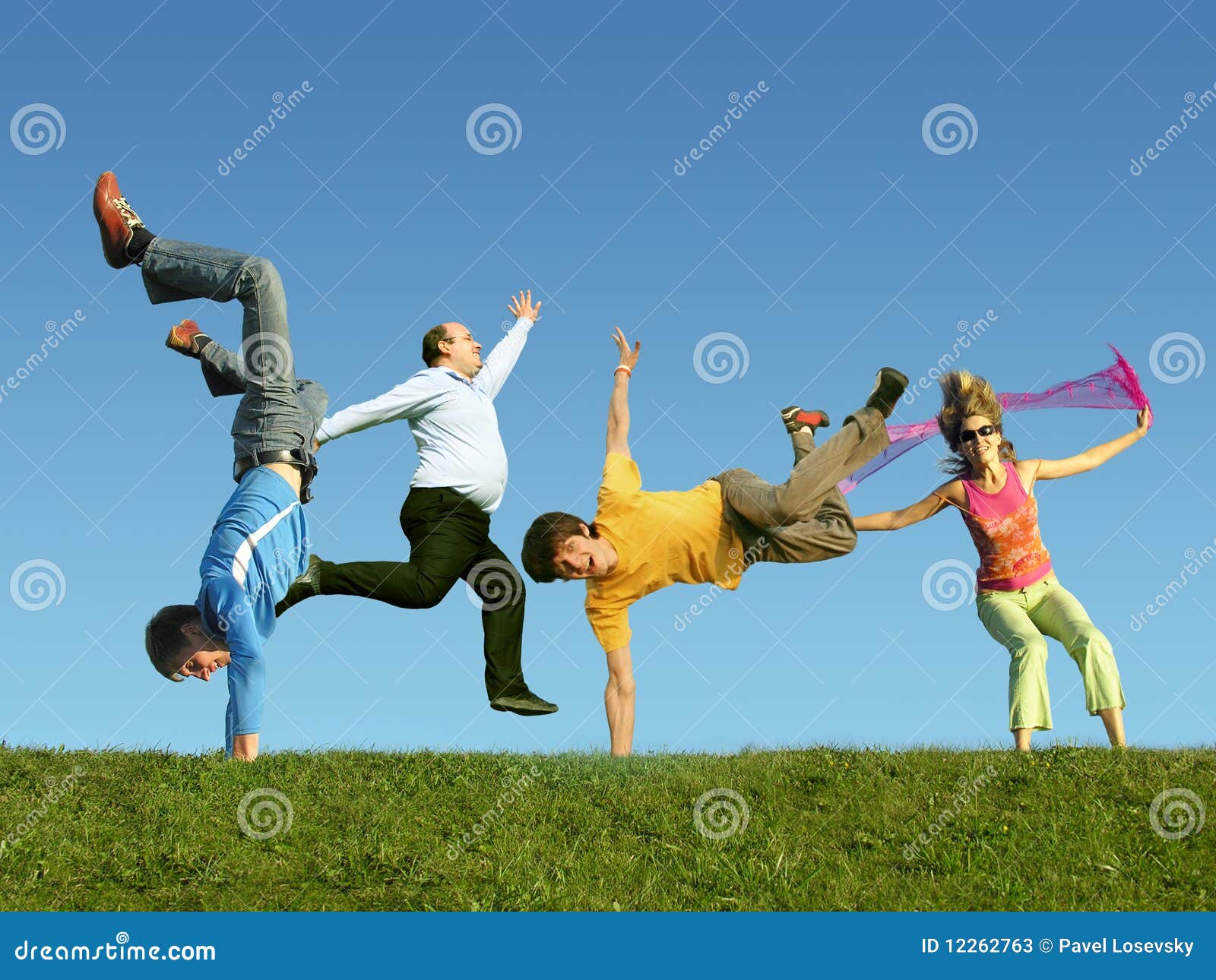 Many Jumping People on the Grass, Collage Stock Image - Image of leap ...