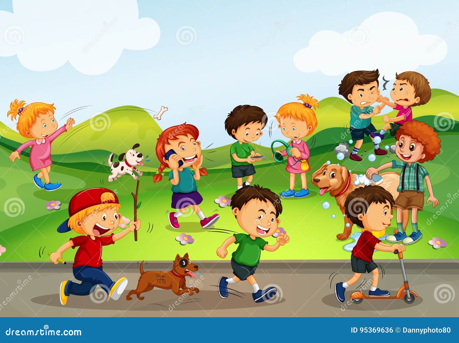 Many Kids Playing in the Field Stock Vector - Illustration of road ...