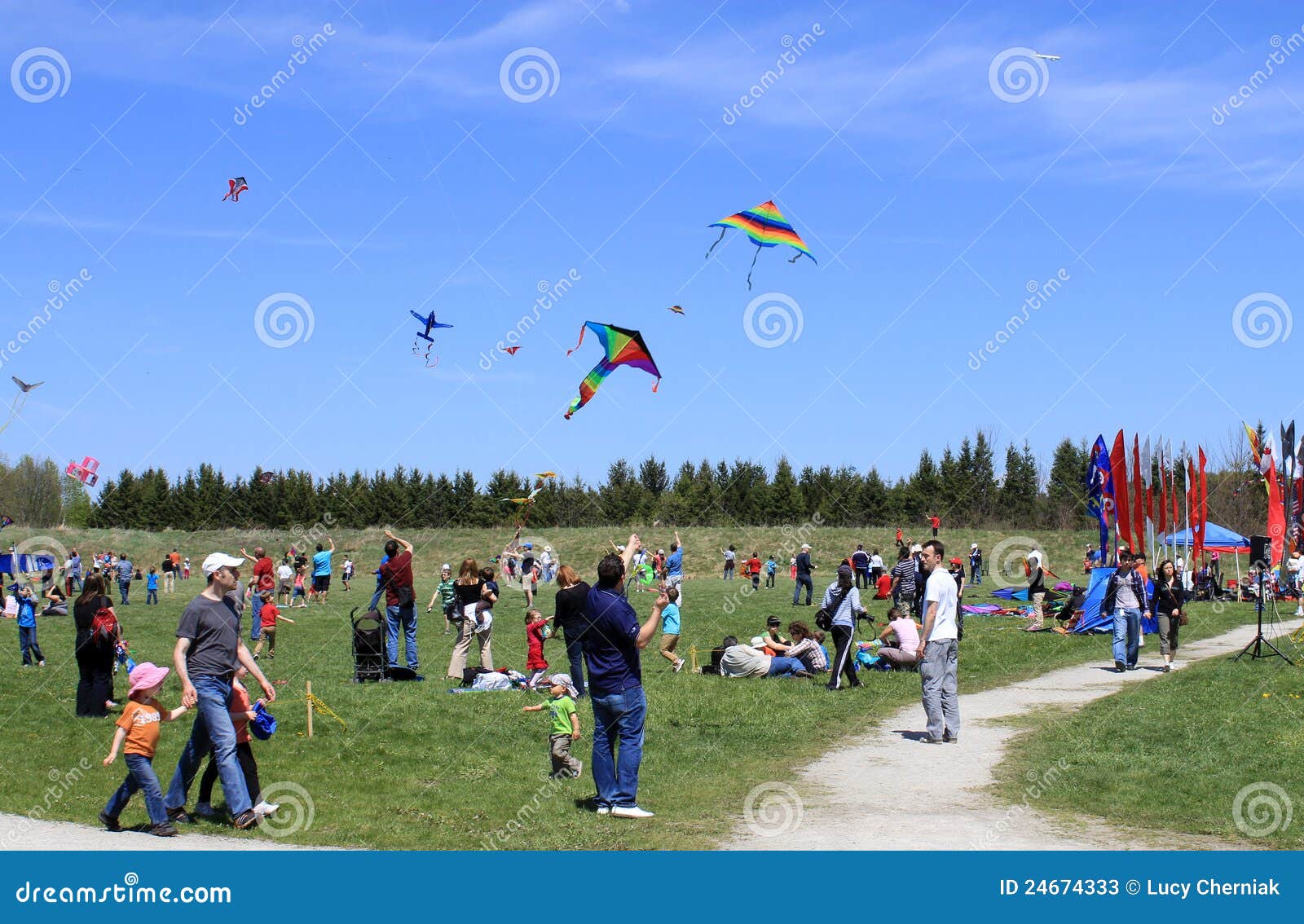 Many Kites above the Field editorial stock photo. Image of family ...