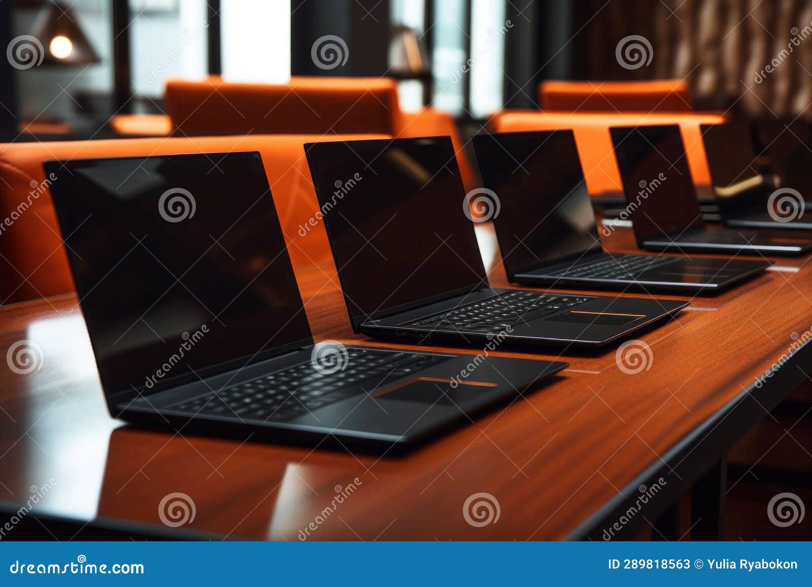 Many Laptops on Orange Table. Generate Ai Stock Illustration ...