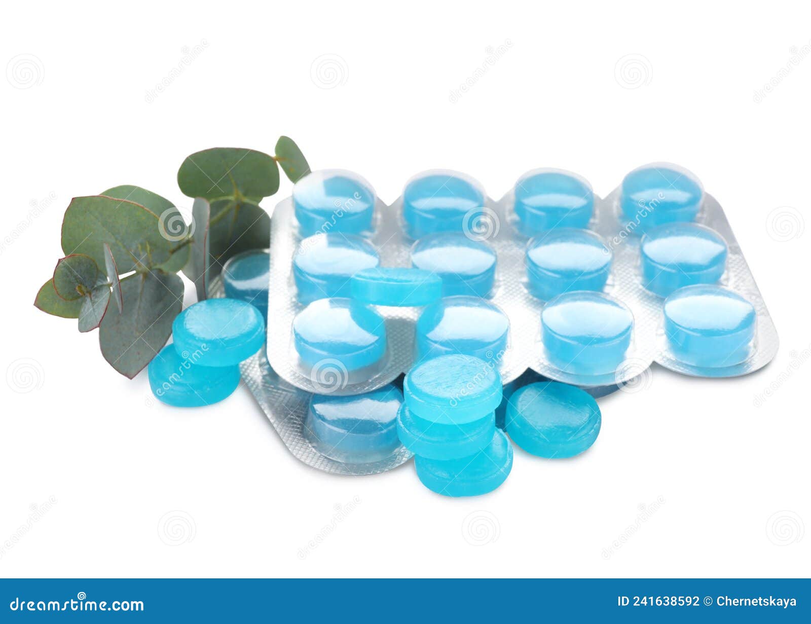 Many Light Blue Cough Drops and Eucalyptus on White Background Stock ...