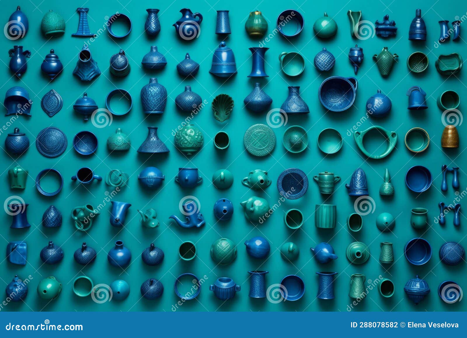 Many Little Blue Objects Arranged Neatly in Rows, Collection of Weird Little Funny Objects ...