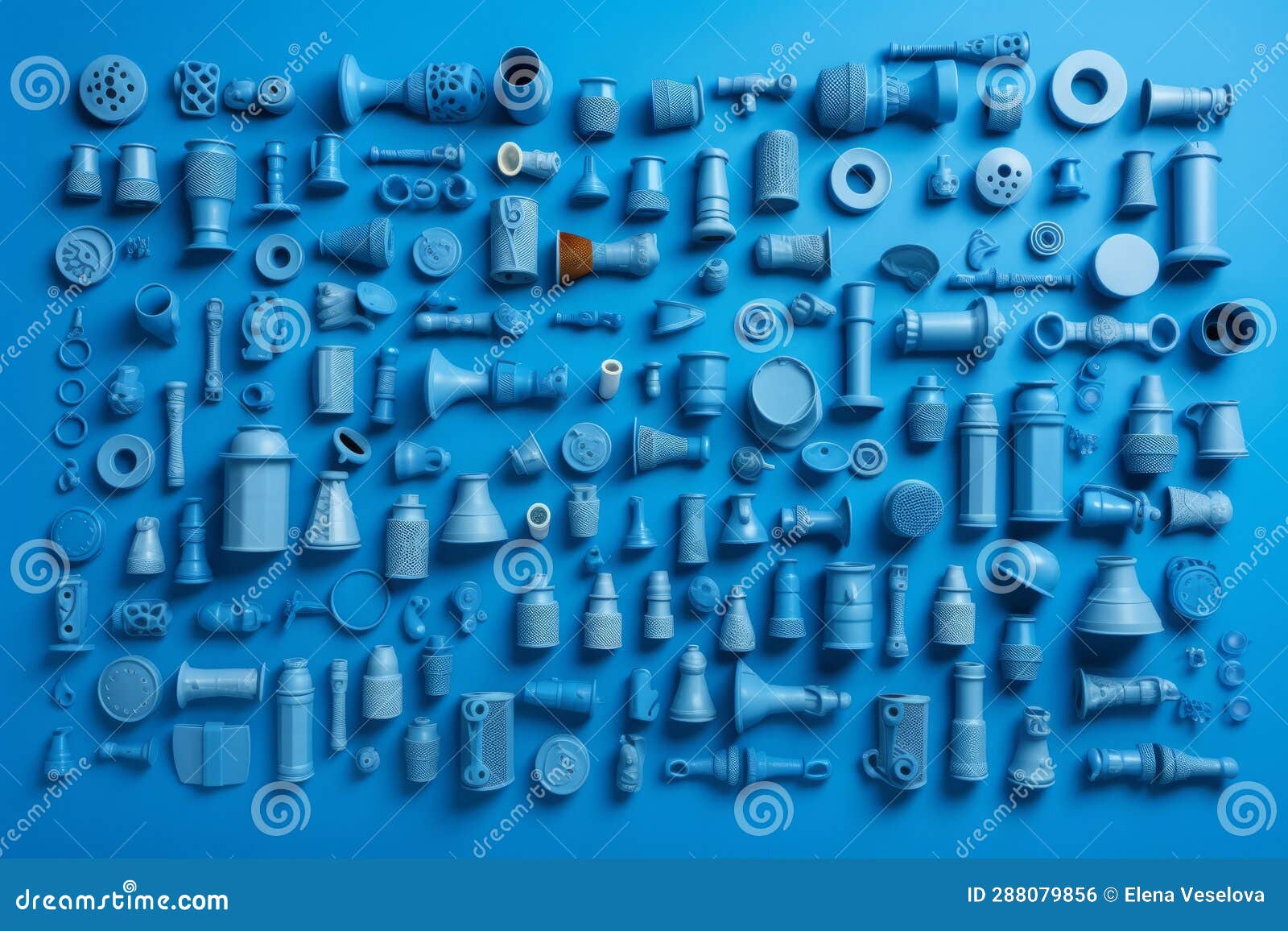 Many Little Blue Objects Arranged Neatly in Rows, Collection of Weird Little Funny Objects ...