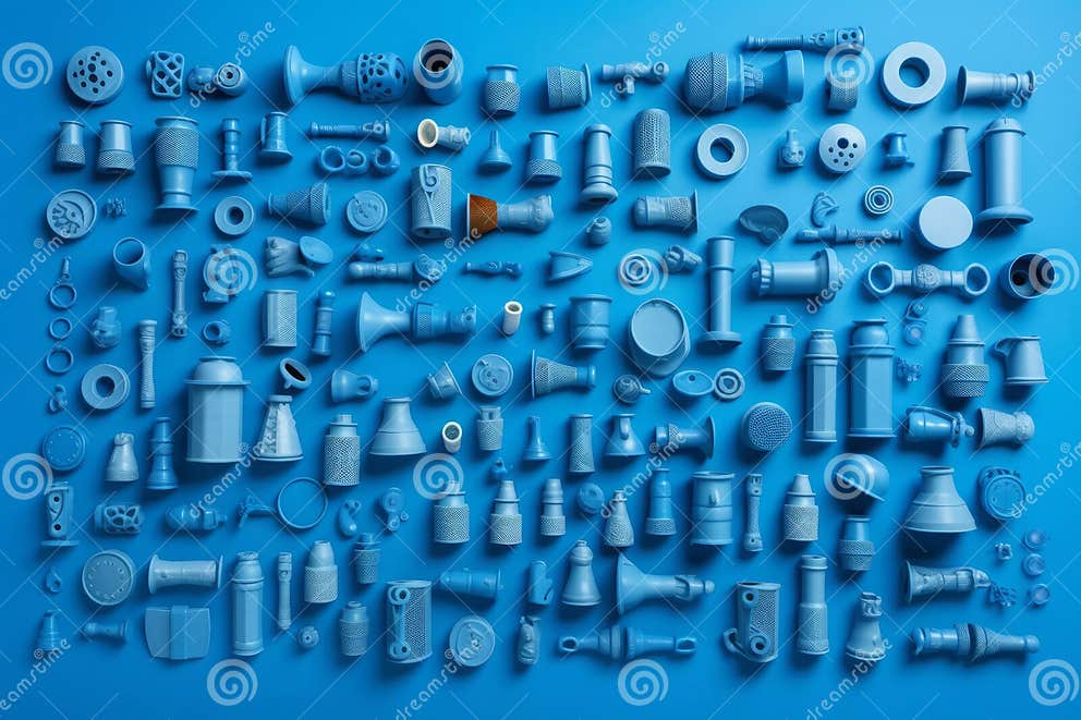 Many Little Blue Objects Arranged Neatly in Rows, Collection of Weird Little Funny Objects ...