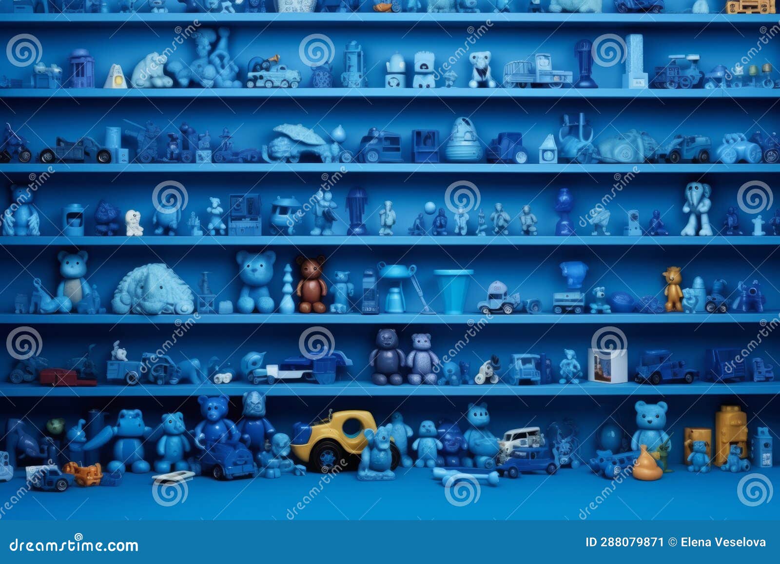 Many Little Blue Objects Arranged Neatly in Rows on Shelves, Collection of Weird Little Funny ...