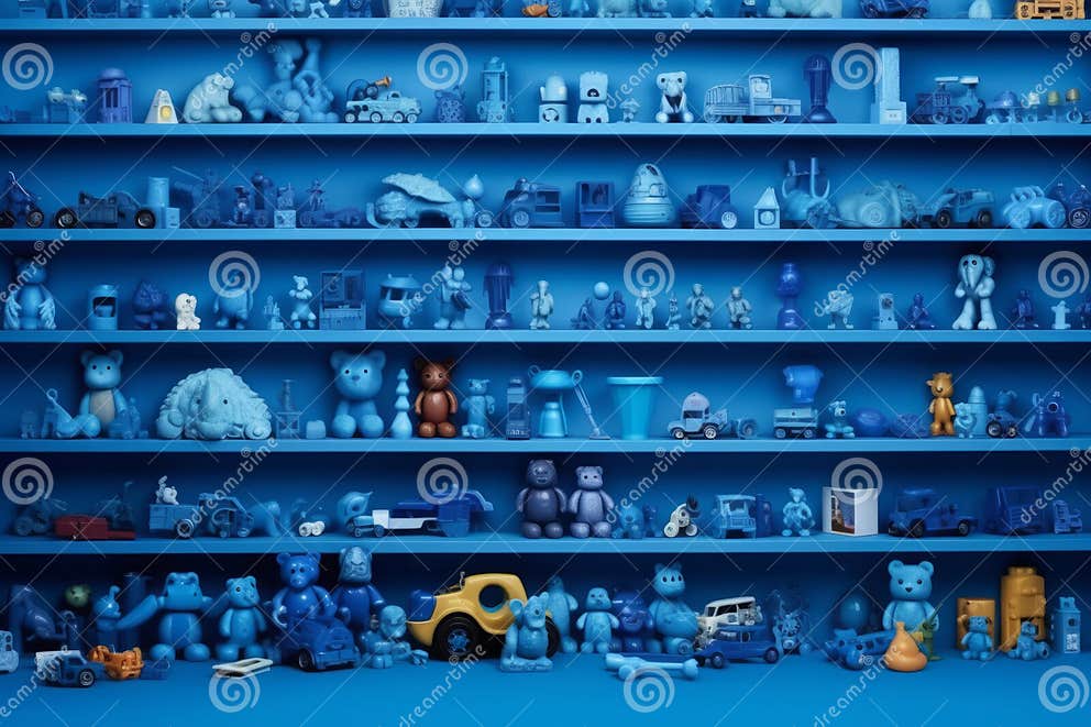 Many Little Blue Objects Arranged Neatly in Rows on Shelves, Collection of Weird Little Funny ...