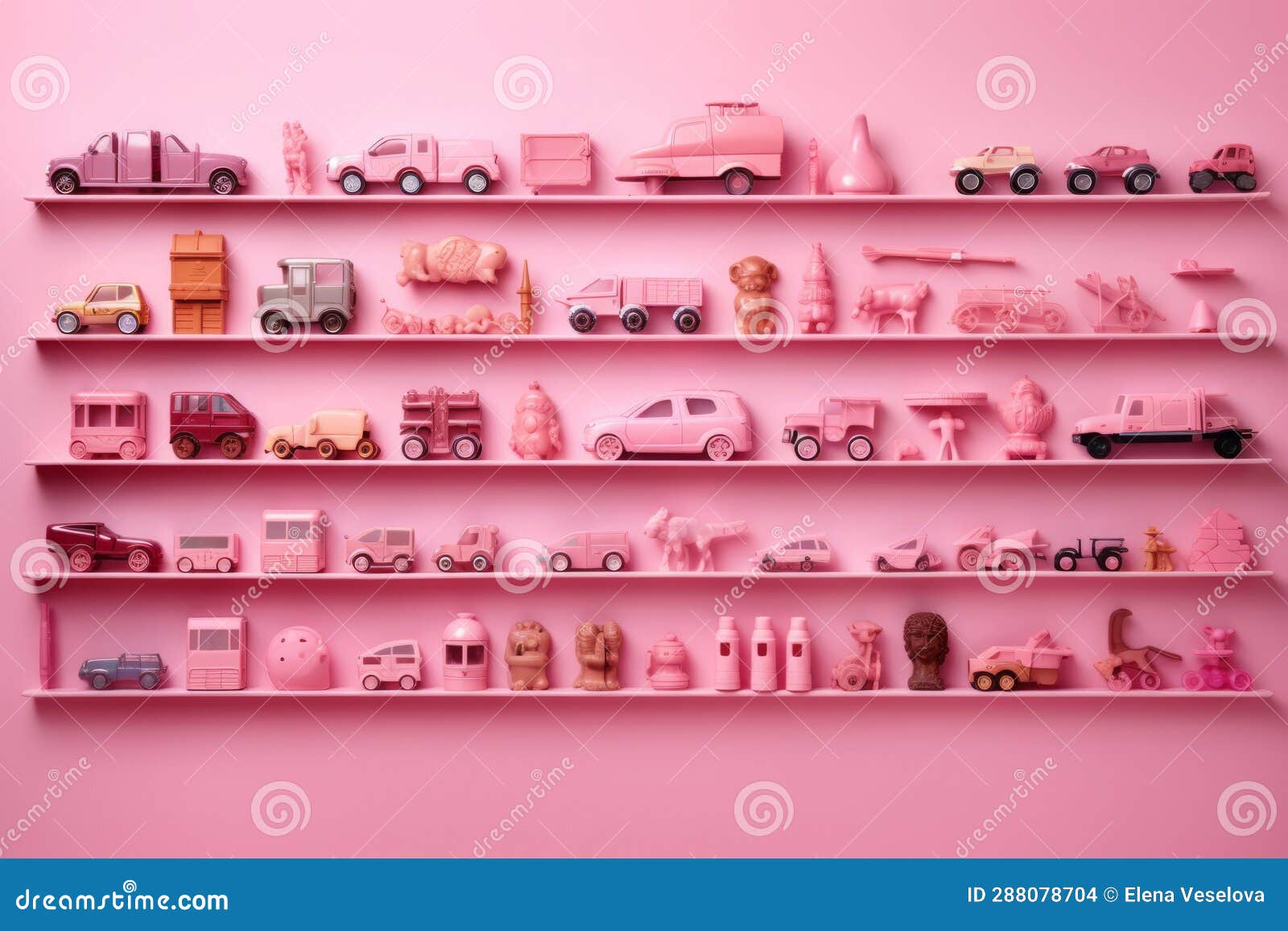 Many Little Pink Objects Arranged Neatly in Rows on Shelves, Collection of Weird Little Funny ...