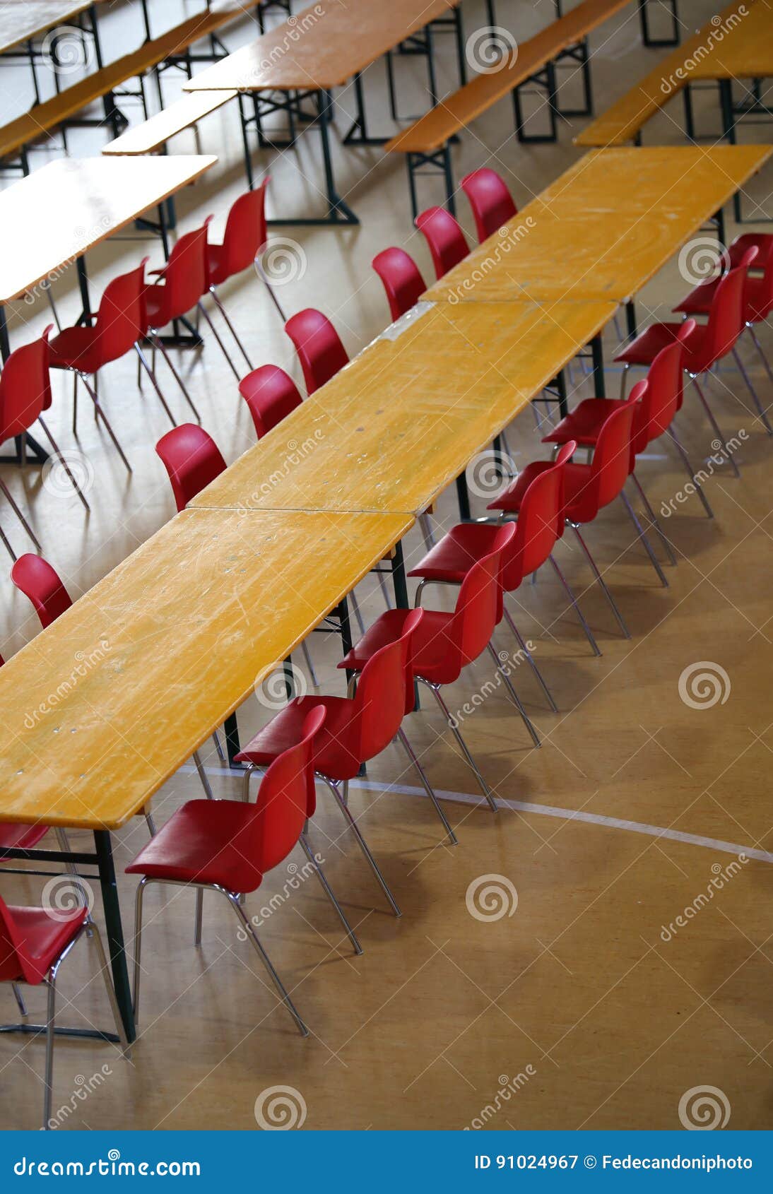 Many Long Table with Red Chairs Stock Image - Image of cafeteria, empty ...