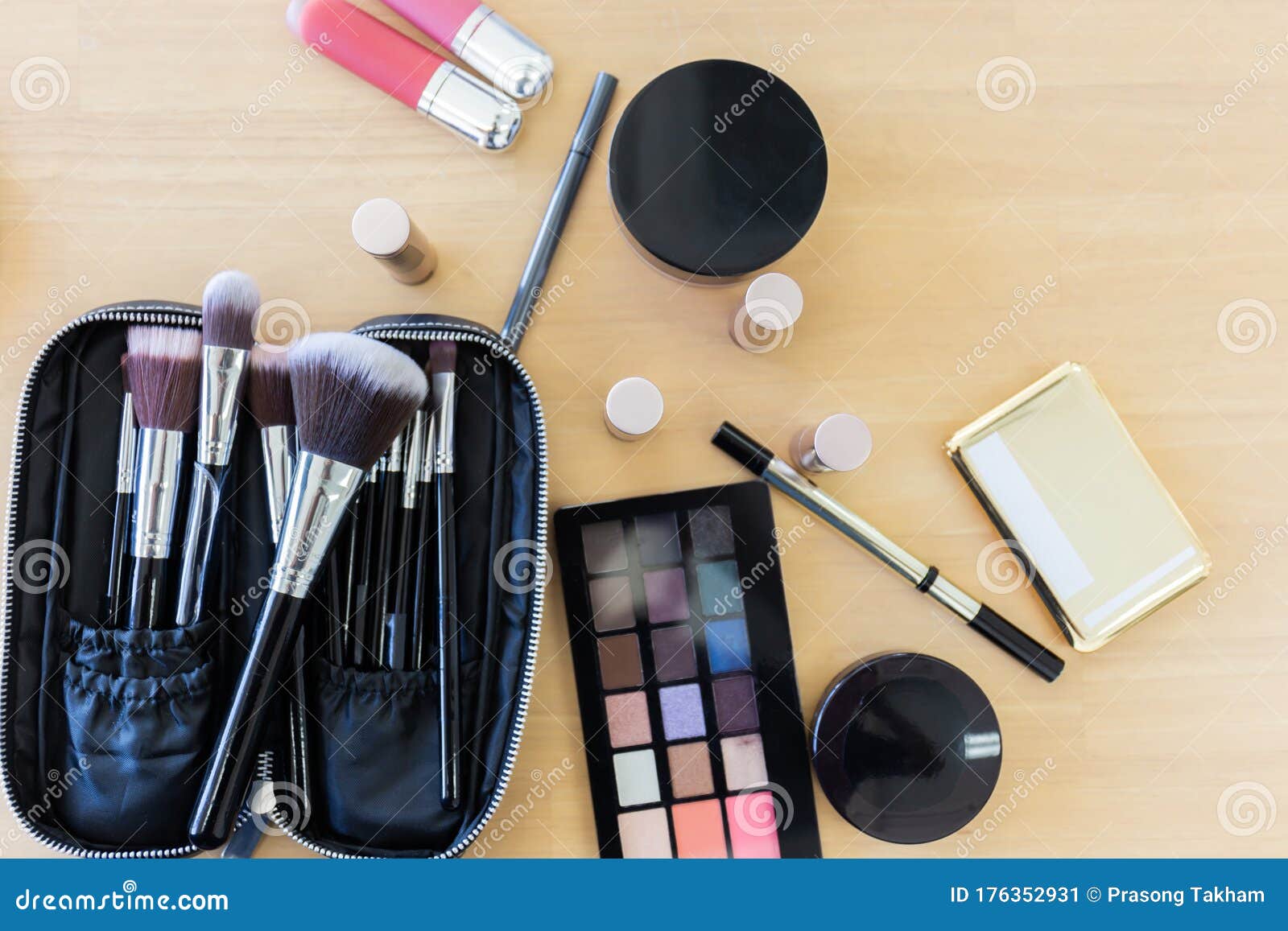 Many Make-up Cosmetics on the Wooden Table Stock Image - Image of ...