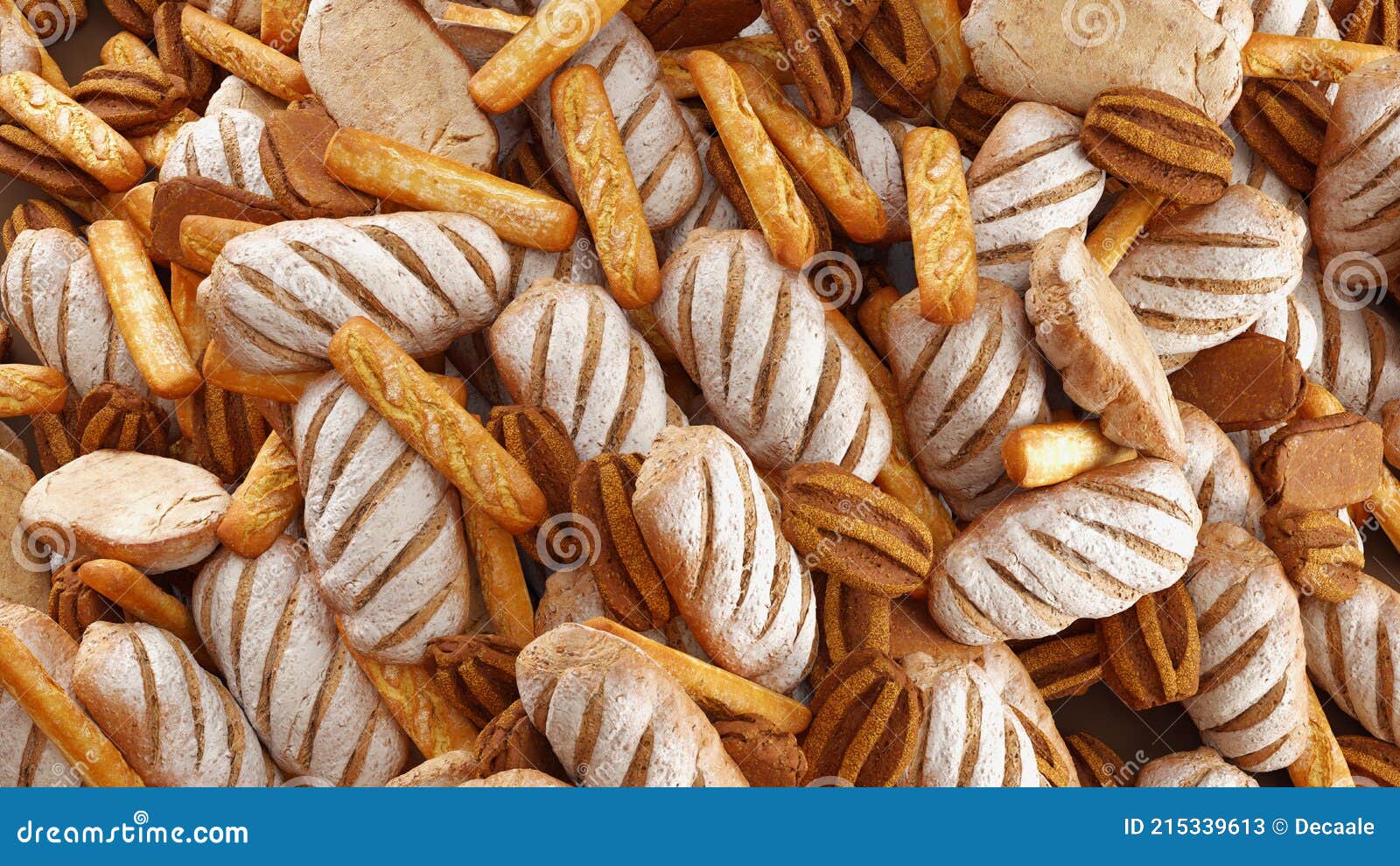 Many Mixed Breads and Rolls Shot from Above. 3d Rendering Stock ...